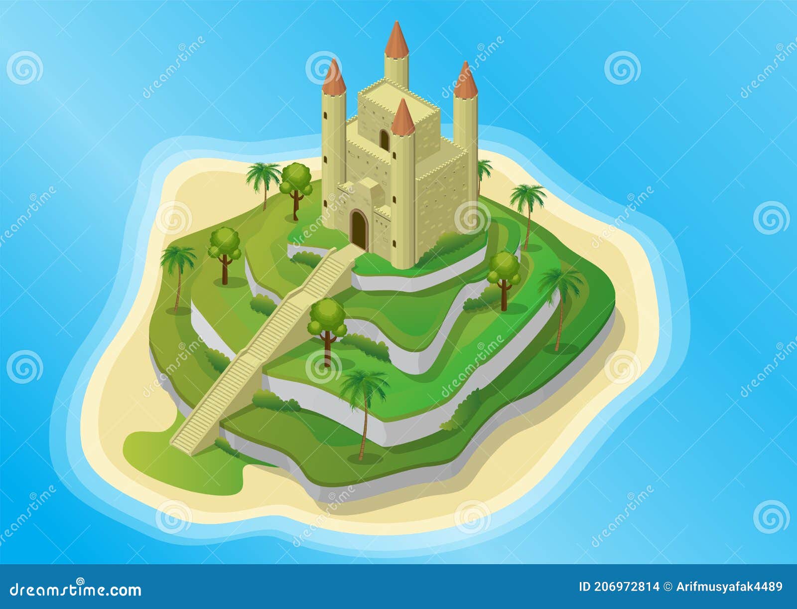 Isometric Island with Medieval Castle on Terraced Land Stock Vector ...