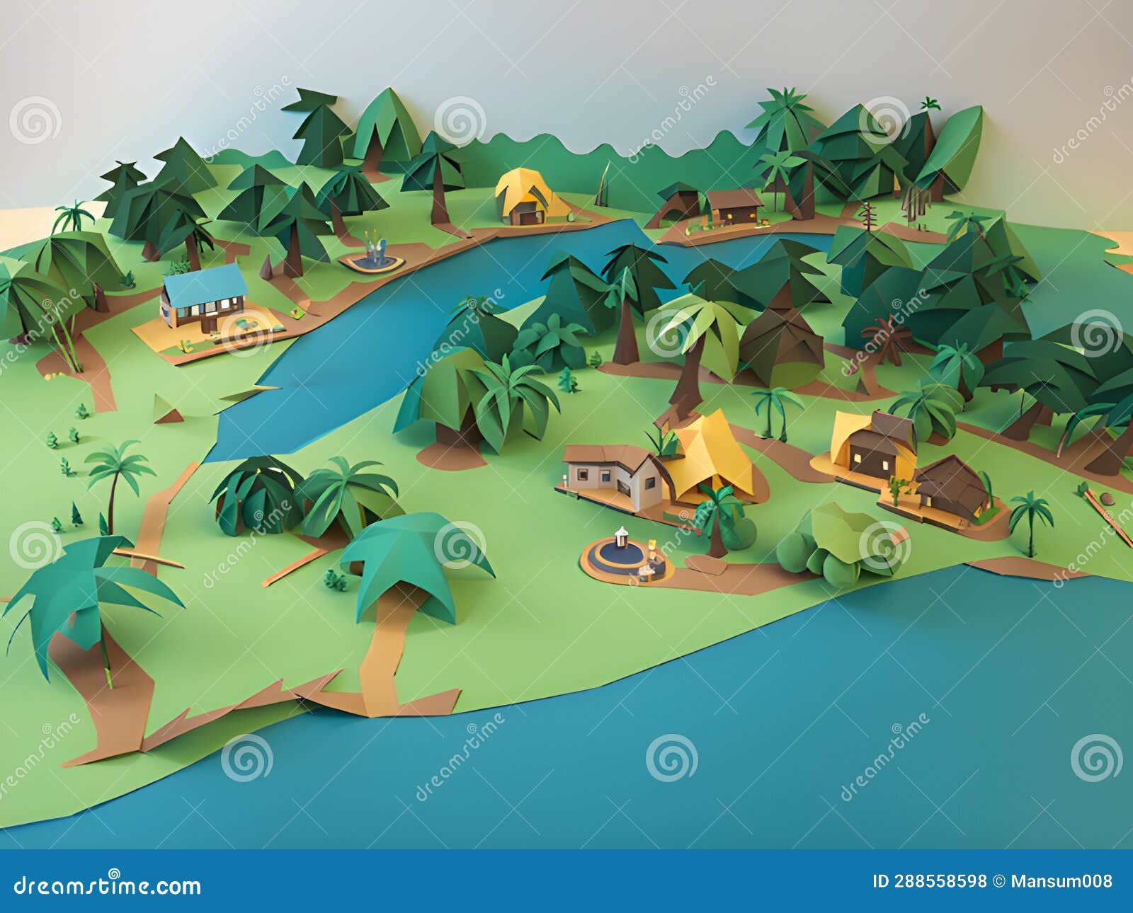 Isometric Island and River 3d Illustration , Paper Cut, AI Generated ...