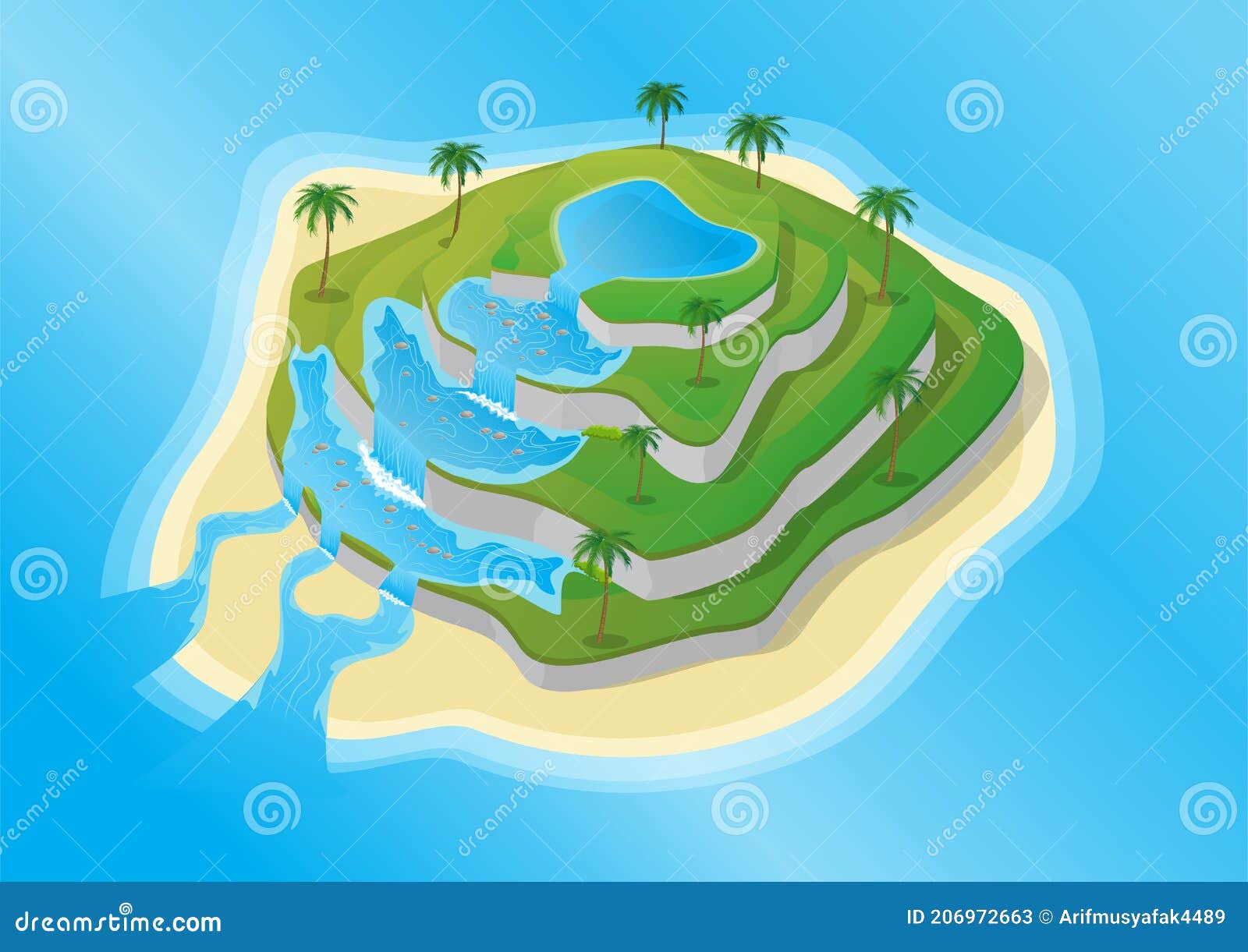 Isometric Island with a River on Terraced Land Stock Vector ...