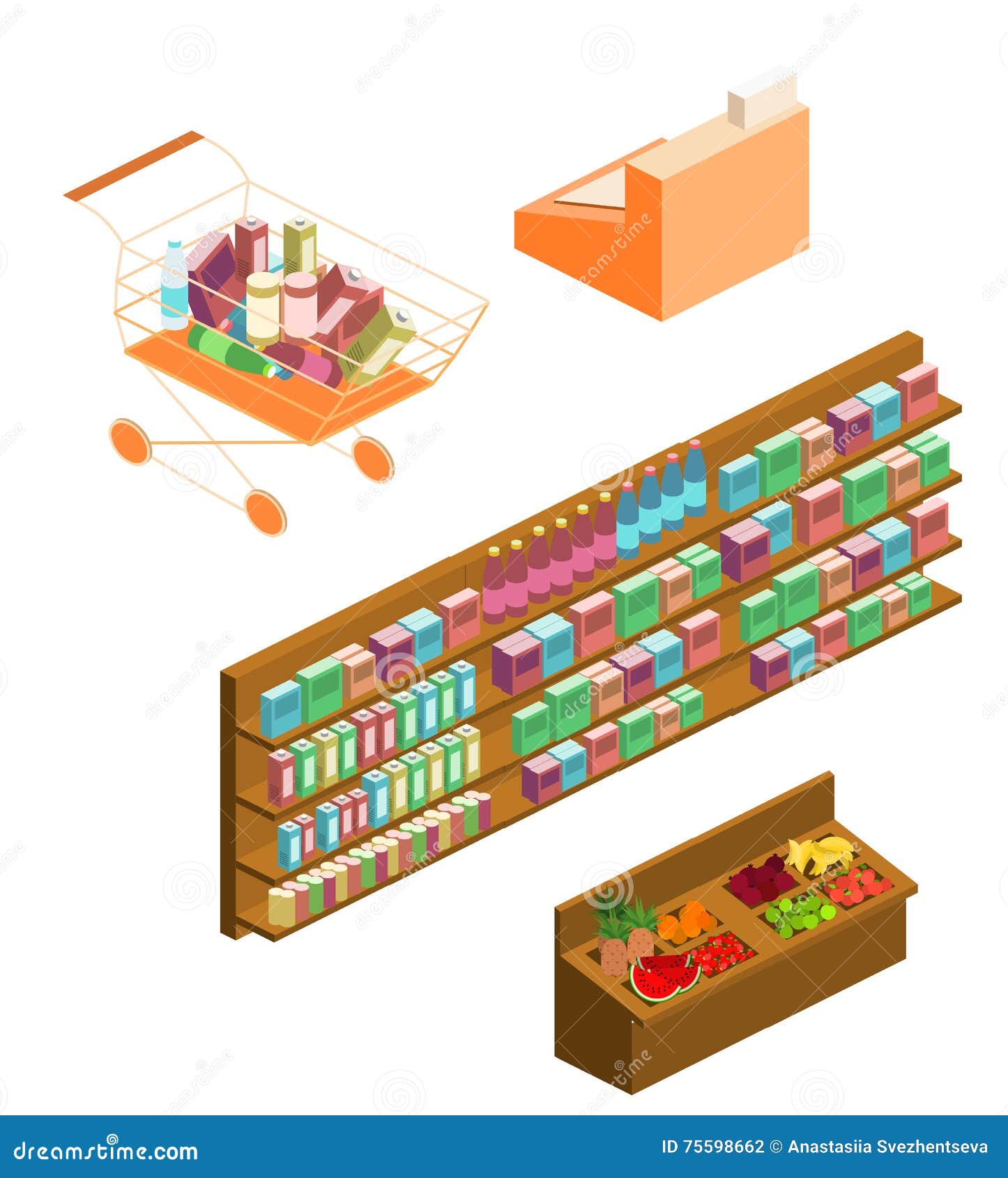 Isometric items for shop stock illustration. Illustration of fruit ...