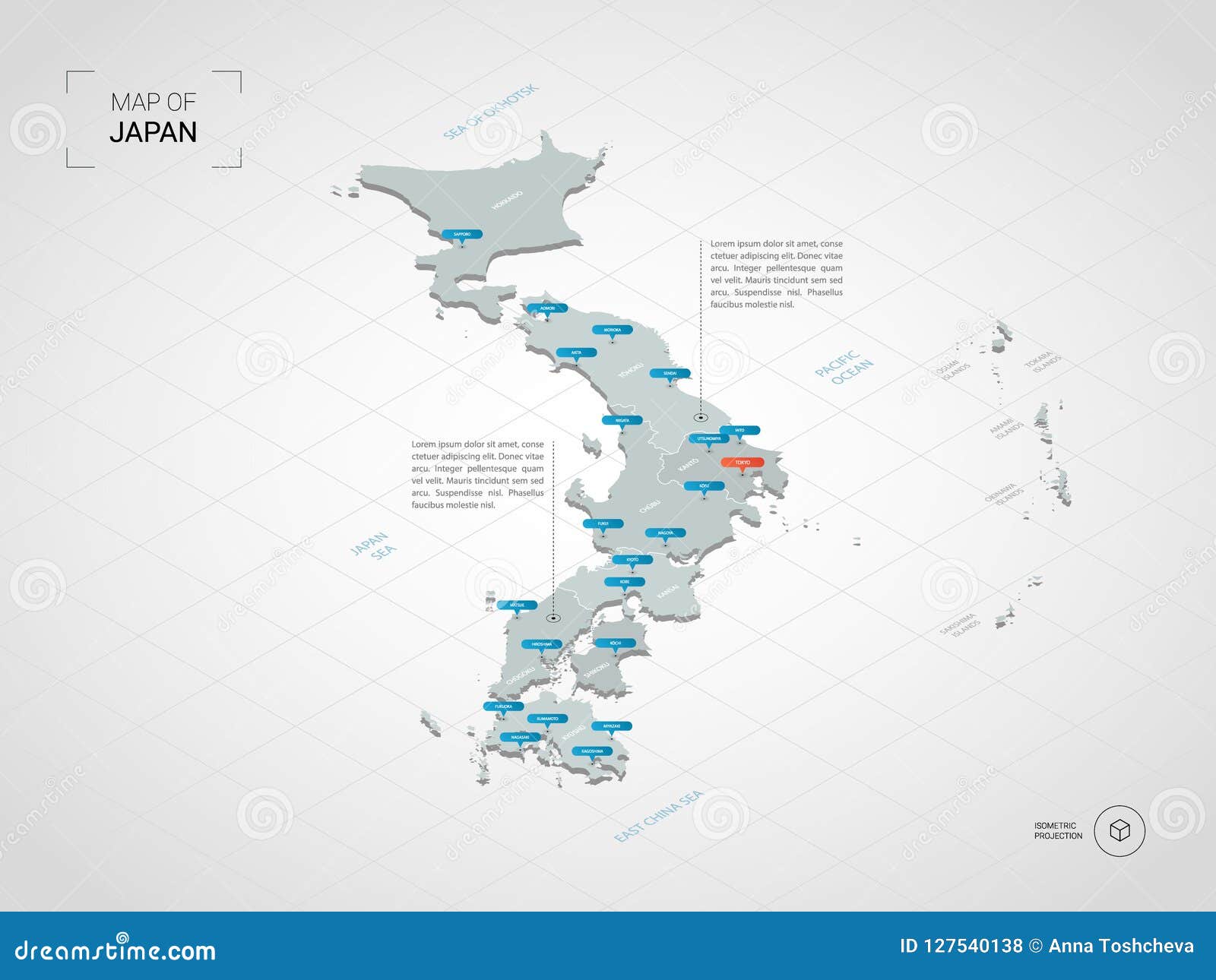 Isometric Japan Map with City Names and Administrative Divisions Stock ...