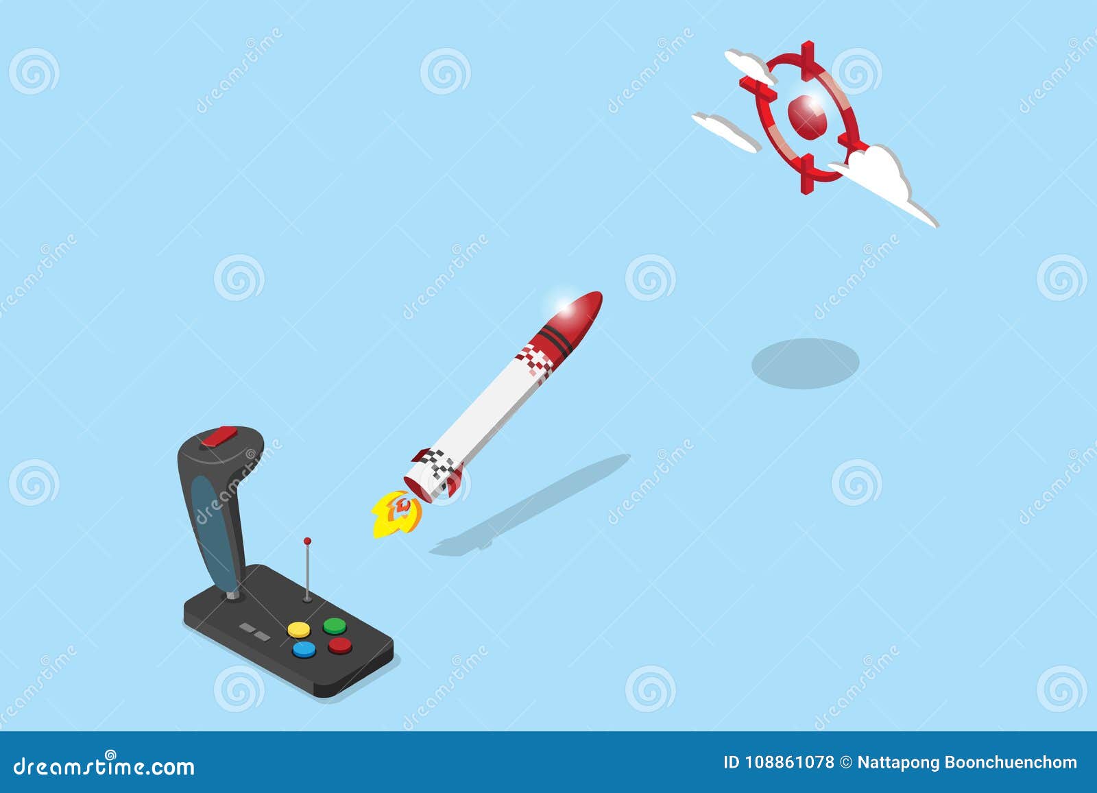 Isometric Joystick Control Rocket Flying To Red Target, Startup and ...