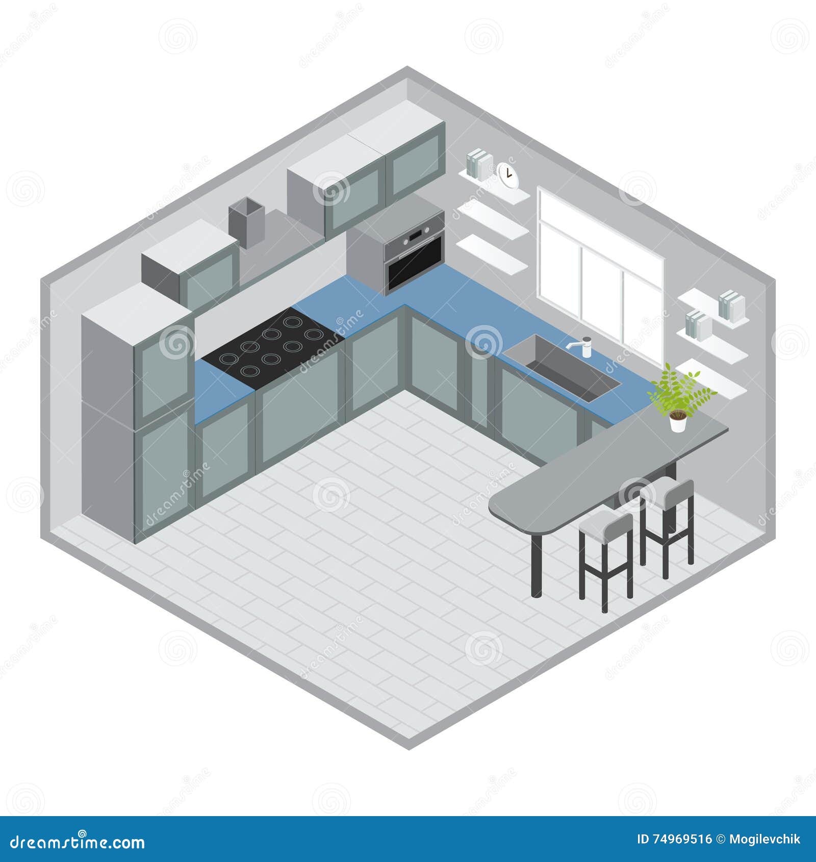 Isometric Kitchen Design stock vector. Illustration of clock - 74969516