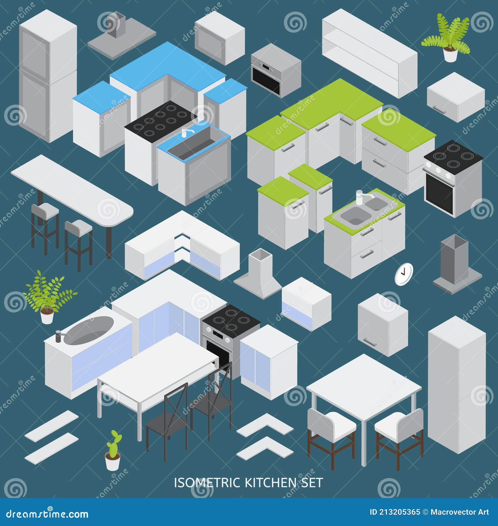 Isometric Kitchen Elements Set Stock Vector - Illustration of cabinet, indoor: 213205365