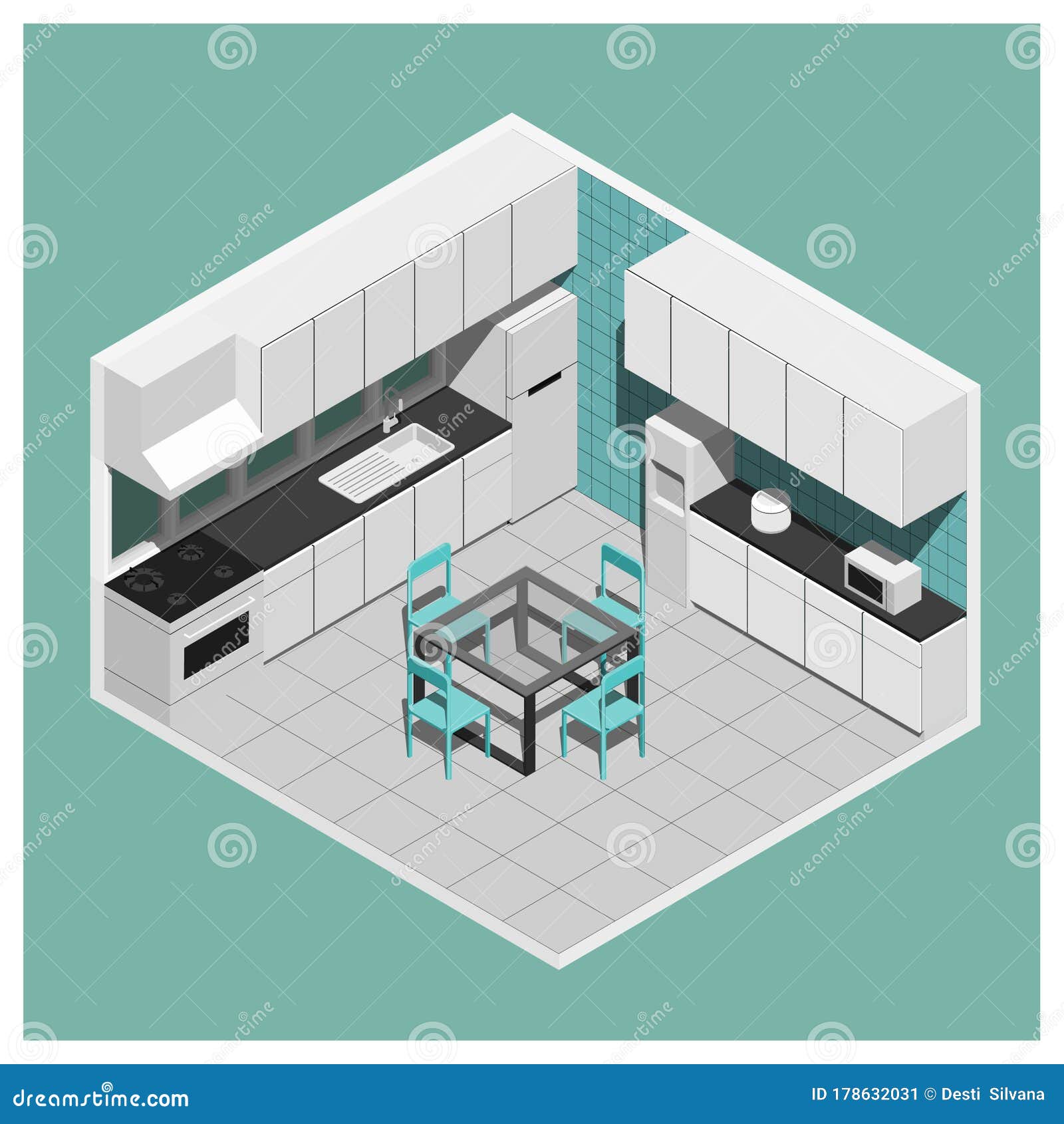 Isometric Kitchen in Grey Colour and Aqua Menthe Accent Stock Vector ...