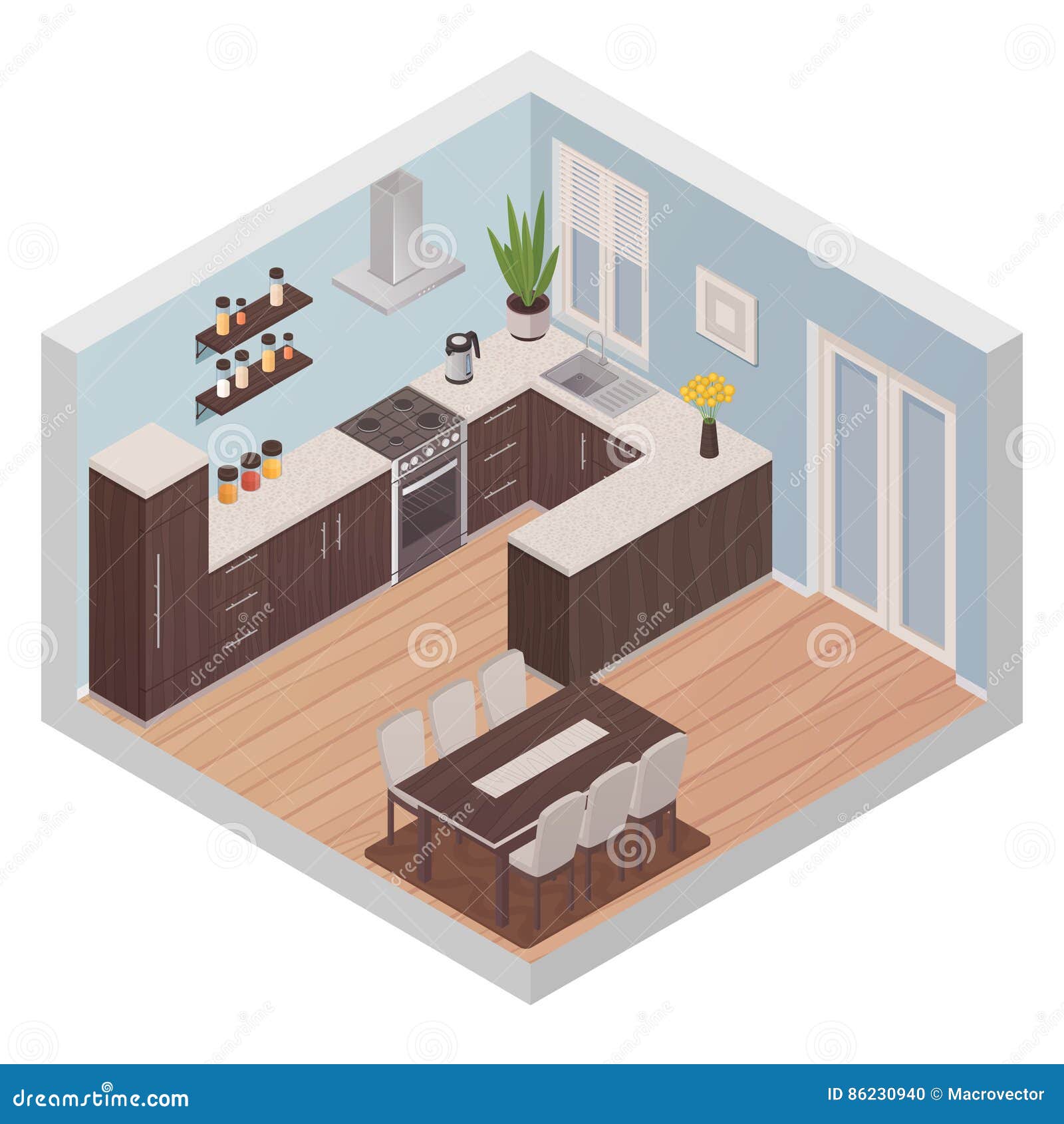 Isometric Kitchen Interior with Cooking and Dining Zones Stock Vector ...