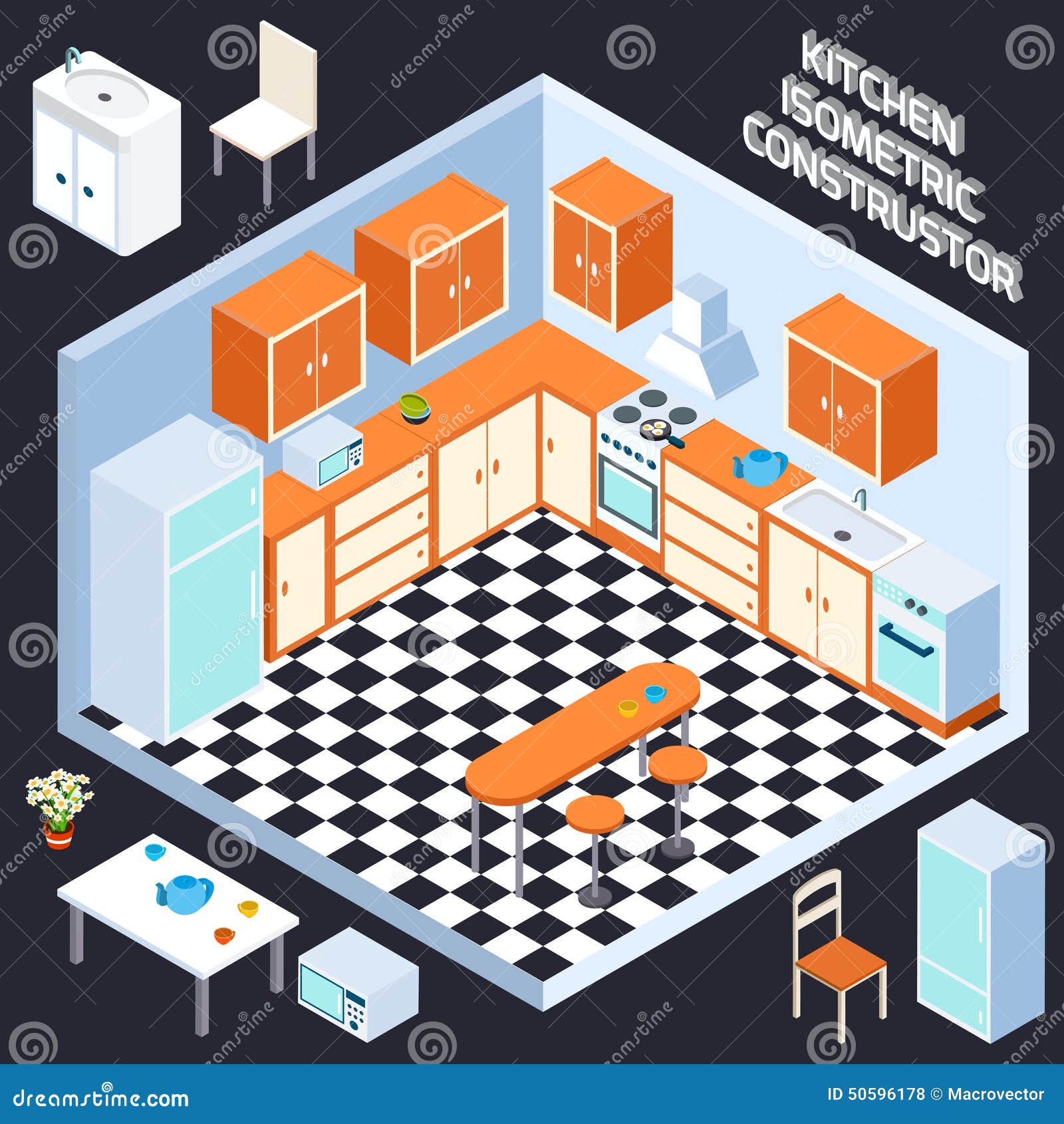 Isometric Kitchen Design. Vector Isometric Low Poly Kitchen Room Icon ...
