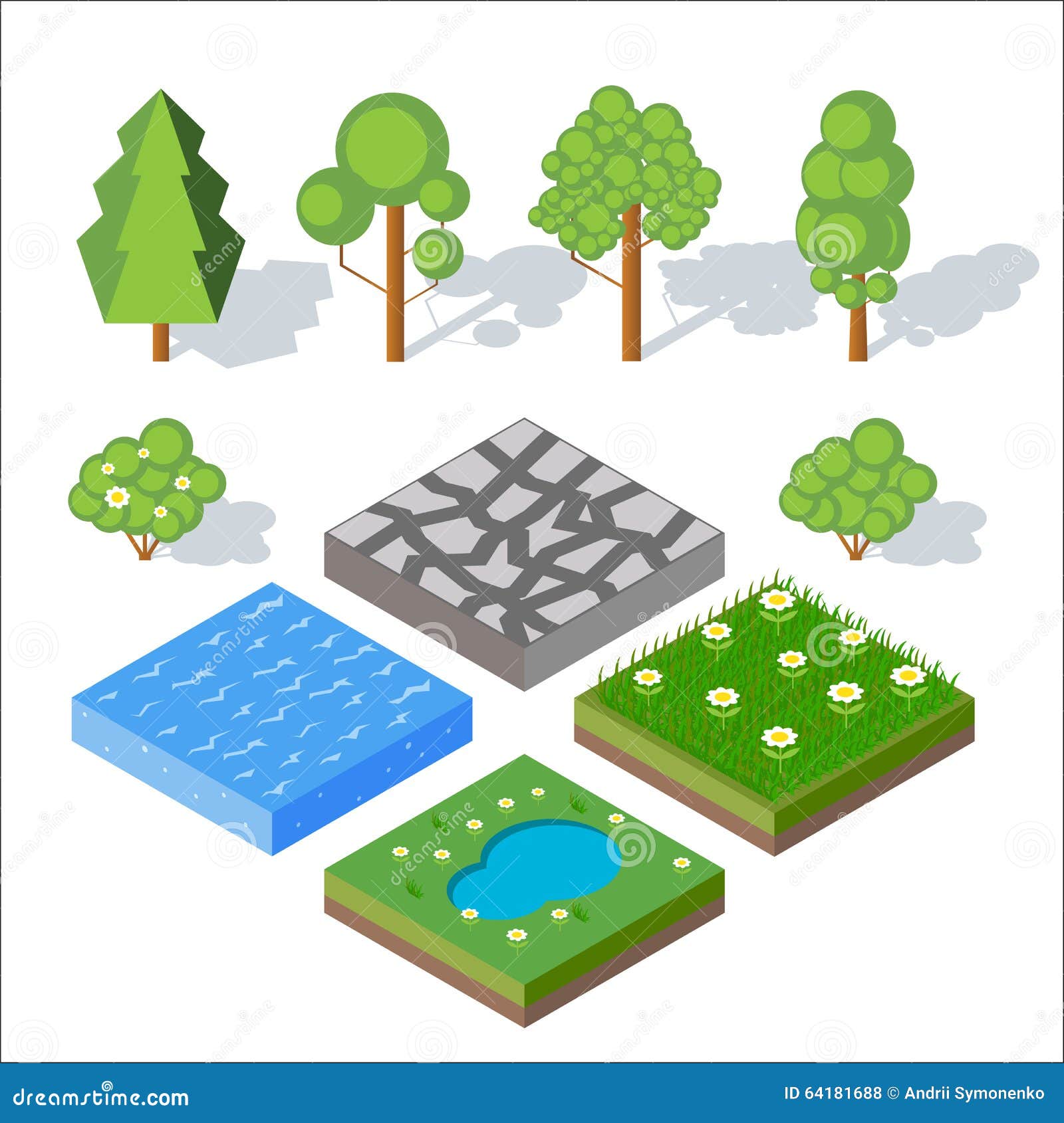 Isometric Landscape Elements. Bushes and Trees, Water, Grass Stock ...
