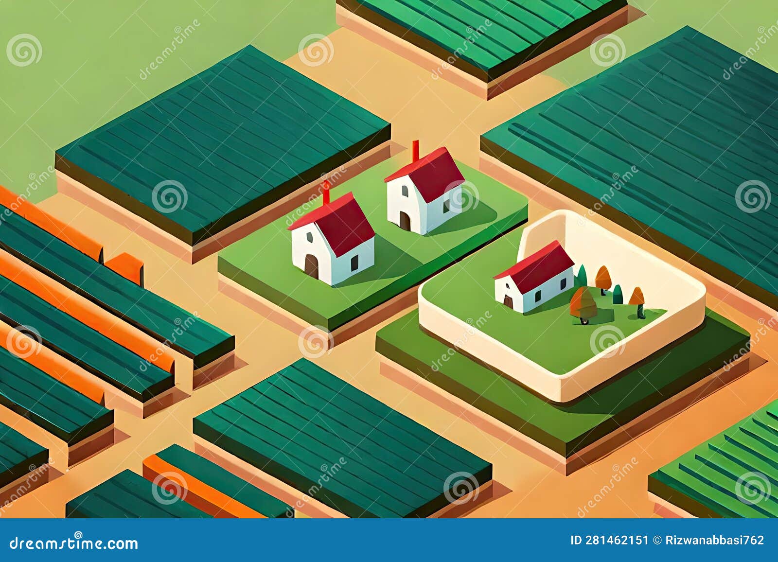 Isometric Landscape of Small Town Surrounded by Trees and Mountains ...