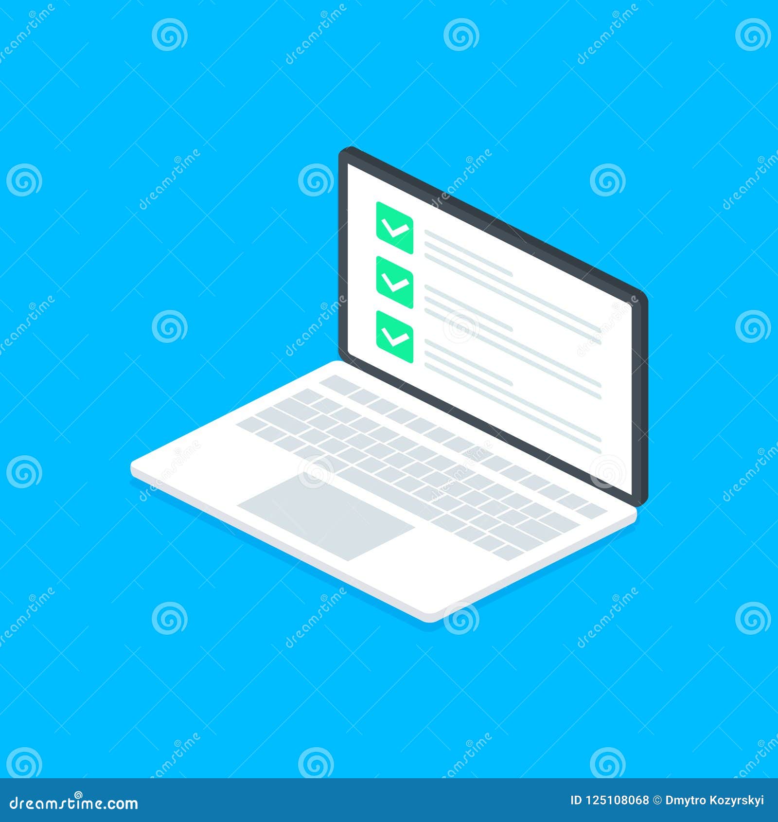 Isometric Laptop with Checklist Browser Window. Check Mark. White Tick ...