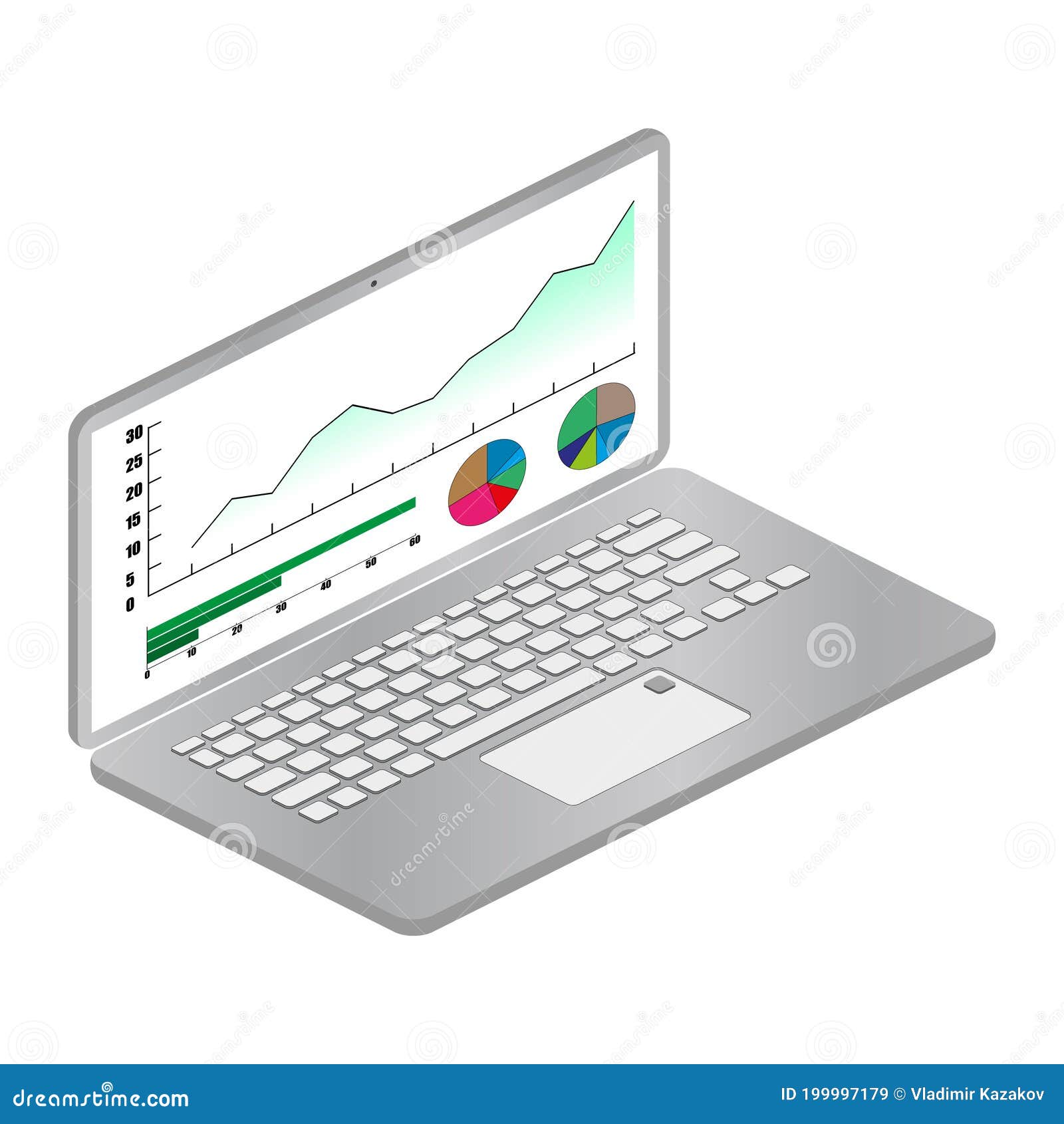 Isometric Laptop with Graphs and Charts on the Screen Isolated on White ...