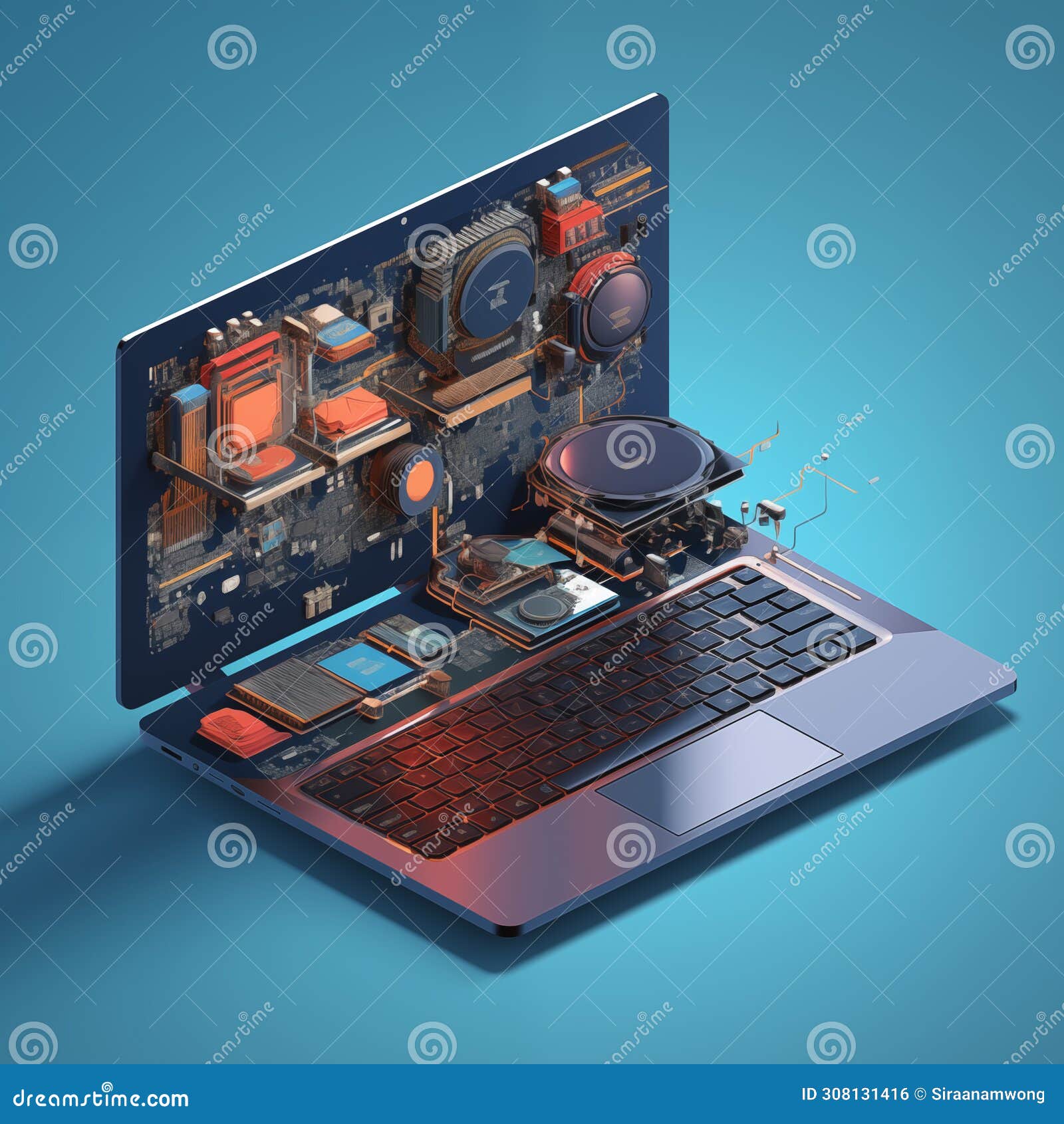 Isometric of Laptop with Mainboard and Circuit System. Laptop ...