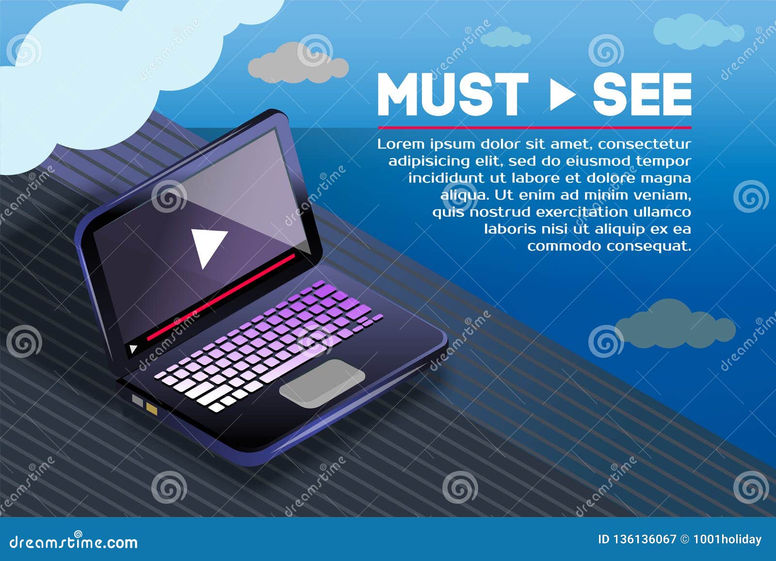 Isometric Laptop Video Watching Vector Template with Clouds Stock ...