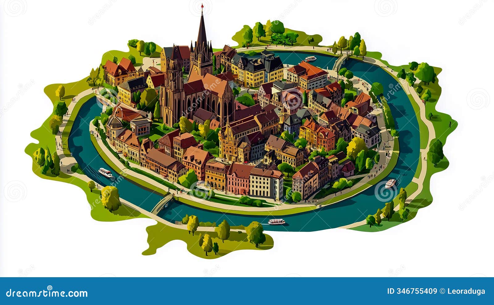 An Isometric Layout of the City of Ulm on a Stylized Map in the Shape ...