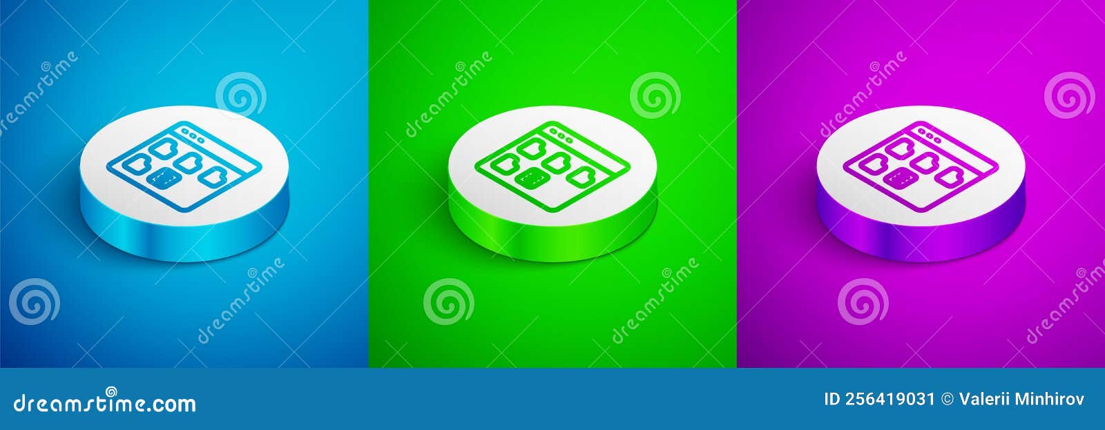 Isometric Line Browser Files Icon Isolated on Blue, Green and Purple Background. White Circle ...
