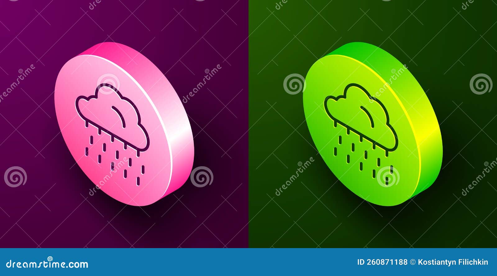 Isometric Line Cloud with Rain Icon Isolated on Purple and Green ...