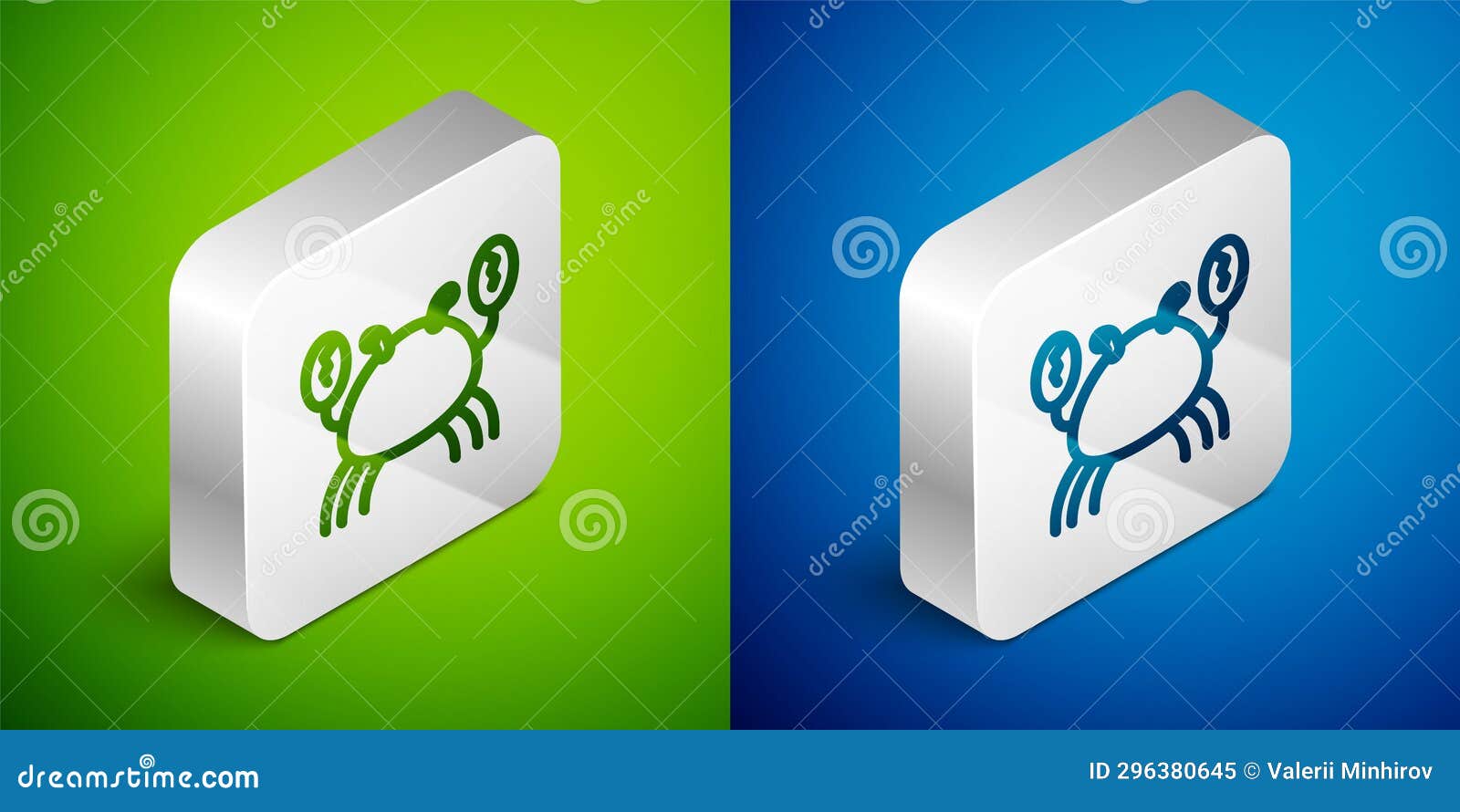 Isometric Line Crab Icon Isolated on Green and Blue Background. Silver ...