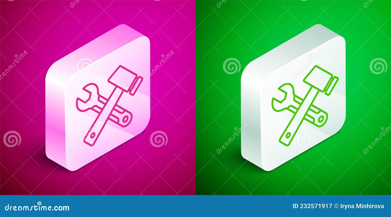 Isometric Line Crossed Hammer and Wrench Spanner Icon Isolated on Pink ... Isometric Line Crossed Hammer and Wrench Spanner Icon Isolated on Pink ...