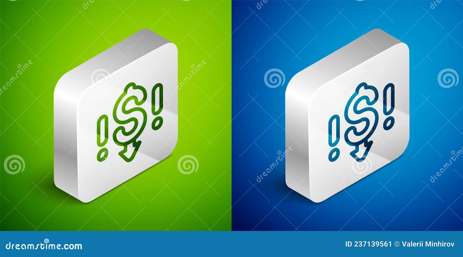 Isometric Line Dollar Rate Decrease Icon Isolated on Green and Blue Background. Cost Reduction ...