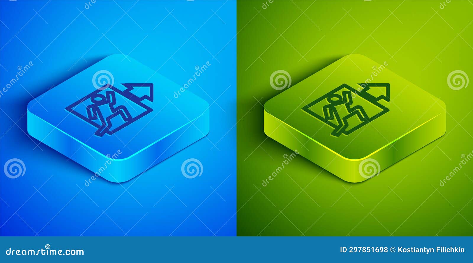 Isometric Line Fire Exit Icon Isolated on Blue and Green Background ...