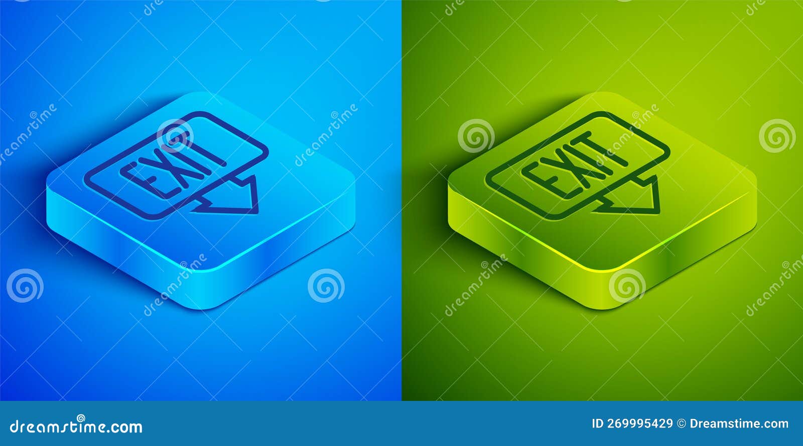 Isometric Line Fire Exit Icon Isolated on Blue and Green Background ...