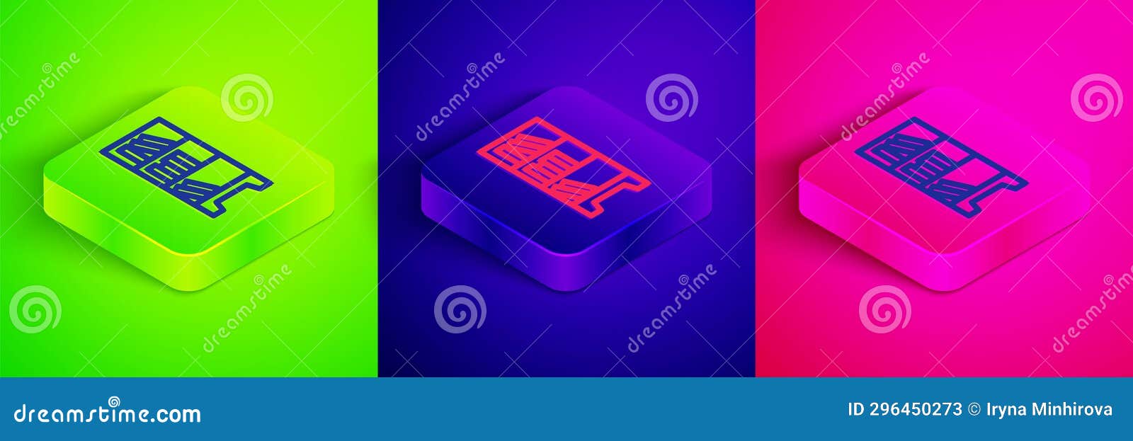 Isometric Line Library Bookshelf Icon Isolated on Green, Blue and Pink ...