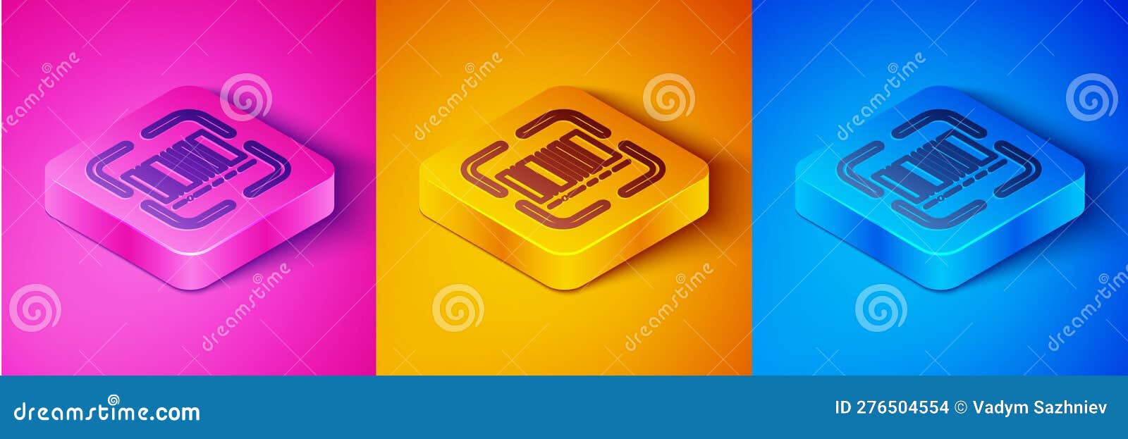 Isometric Line Scanner Scanning Bar Code Icon Isolated on Pink and ...