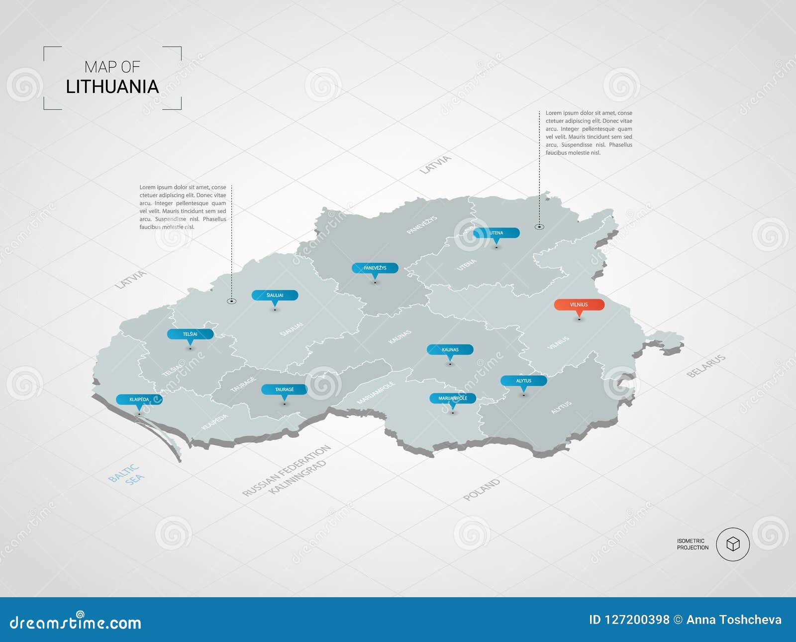 Isometric Lithuania Map with City Names and Administrative Divisions ...