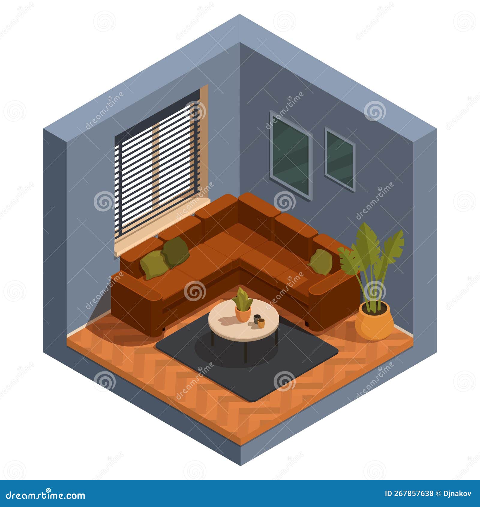 Isometric Living Room Interior with Corner Sofa and Flowers Stock ...