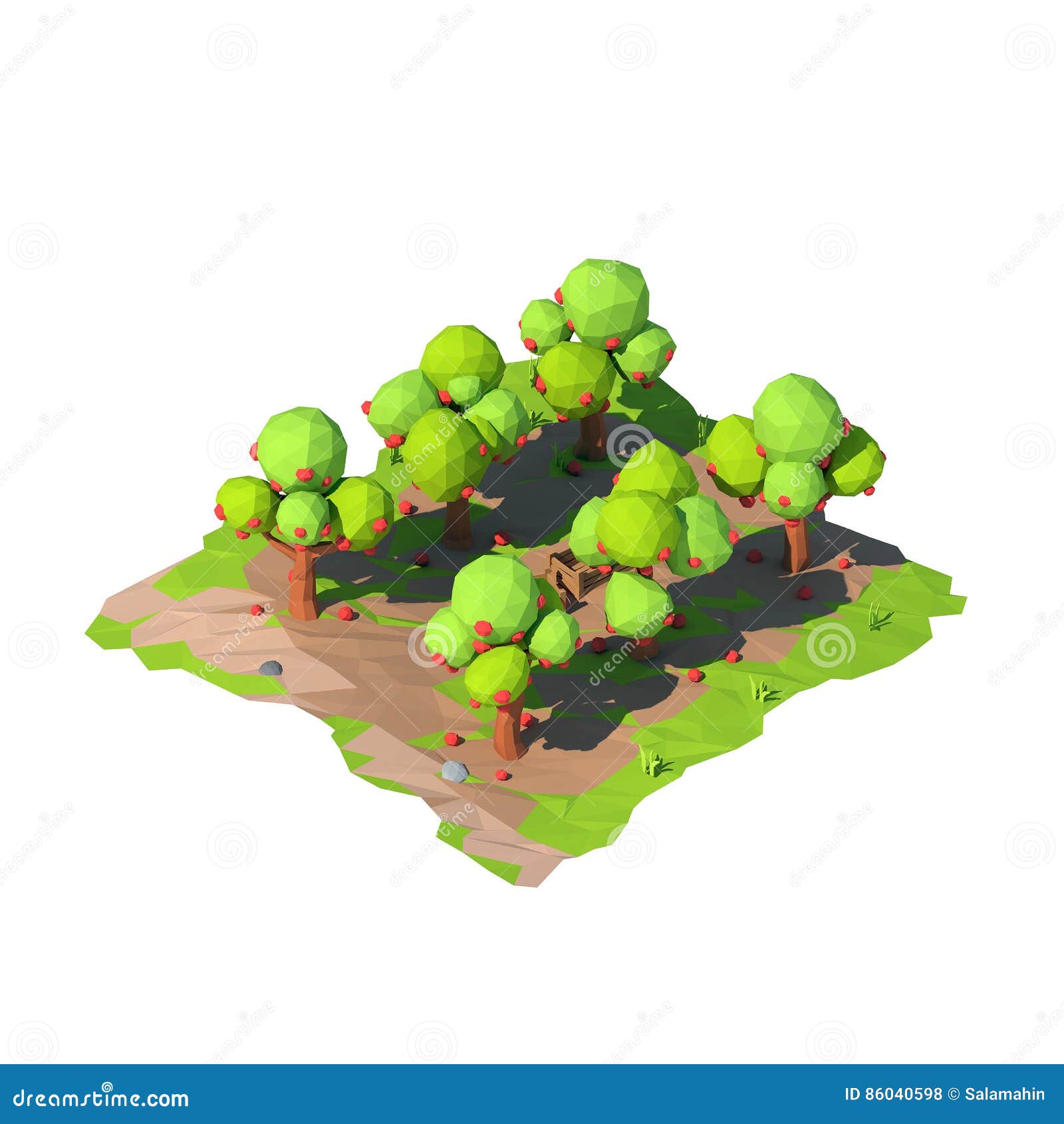 Isometric Low Poly Apple Orchard, 3D Rendering Stock Illustration ...