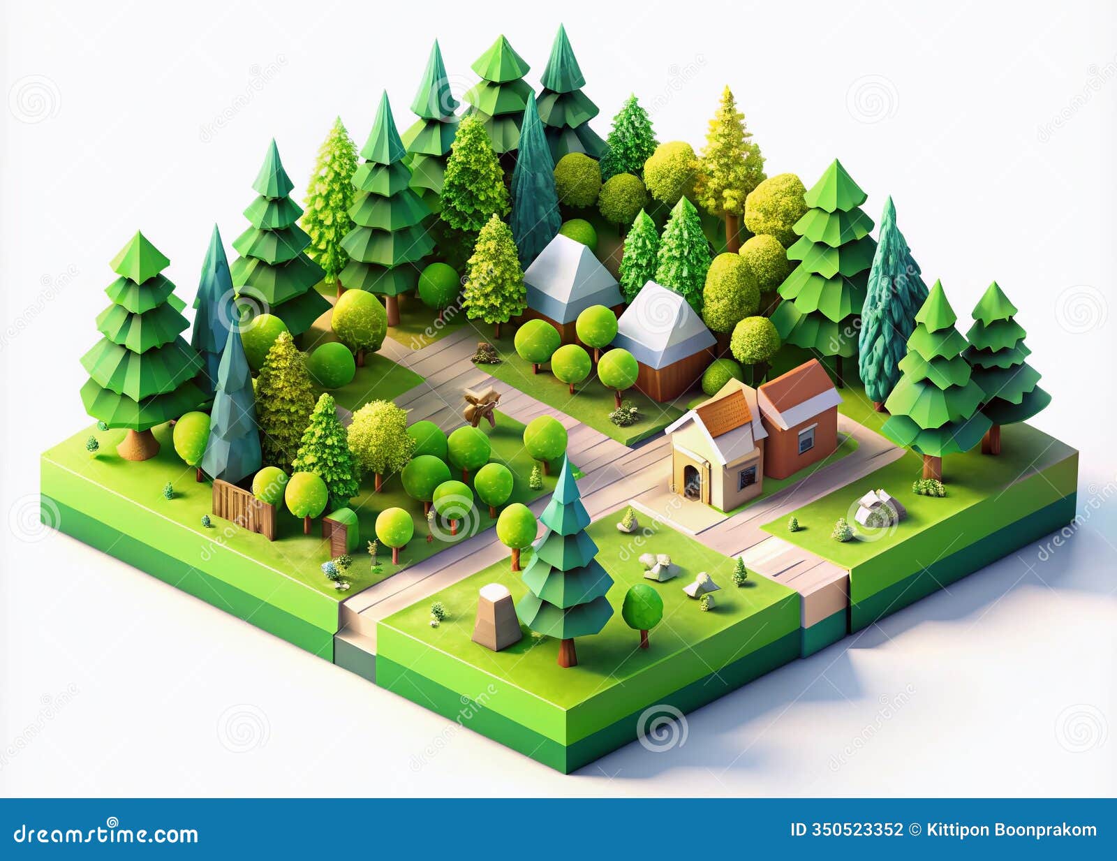 Isometric Low-Poly Forest Scene: Vibrant Architecture and Flora Design ...