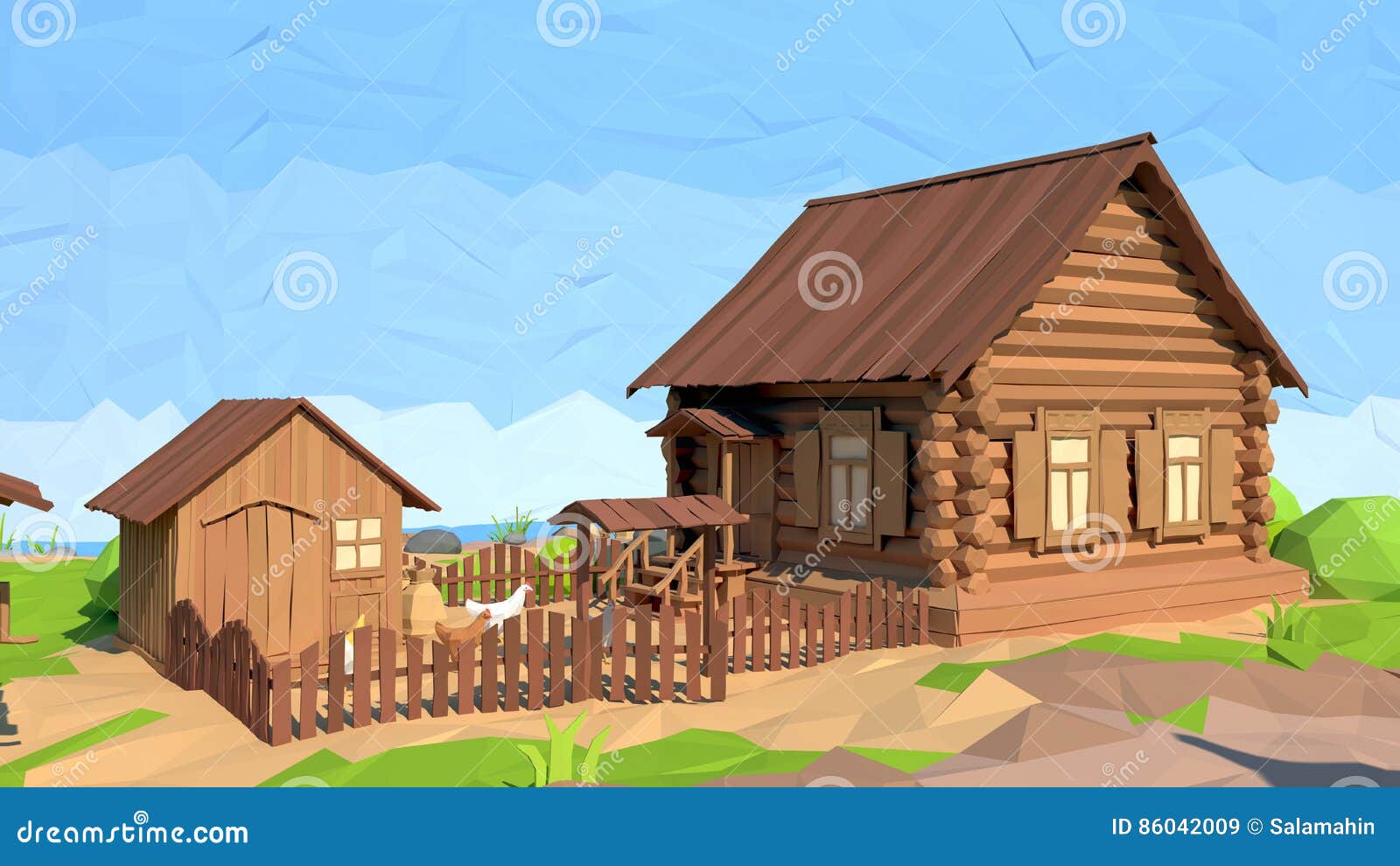 Isometric Low Poly House, 3D Rendering Stock Illustration ...