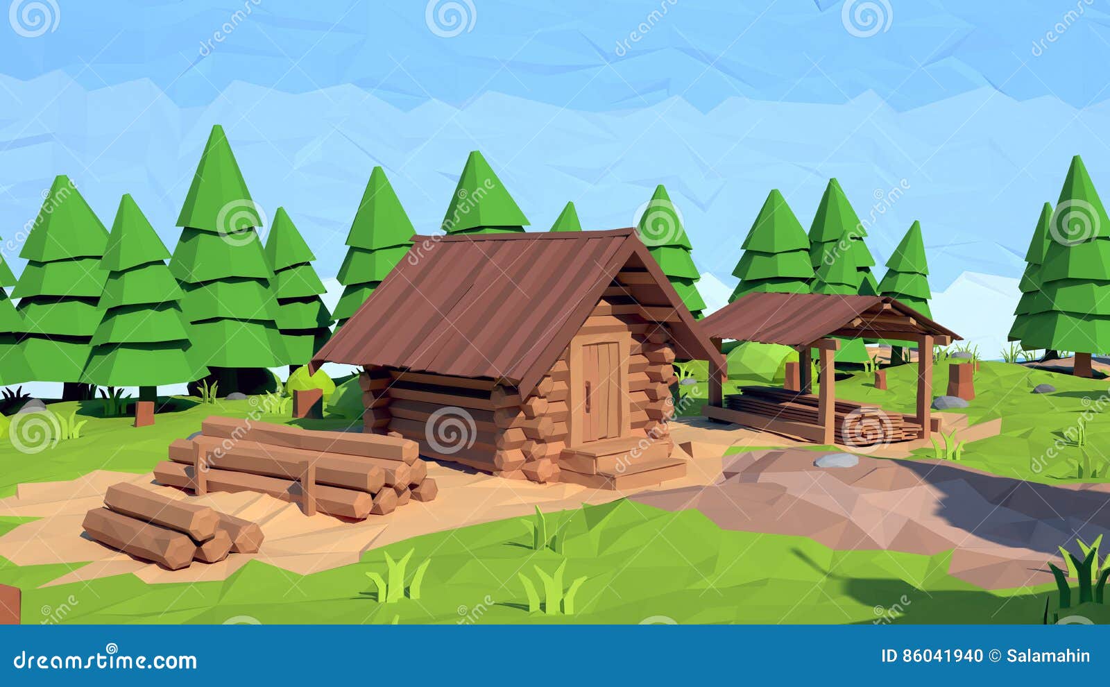 Isometric Low Poly Sawmill, 3D Rendering Stock Illustration ...