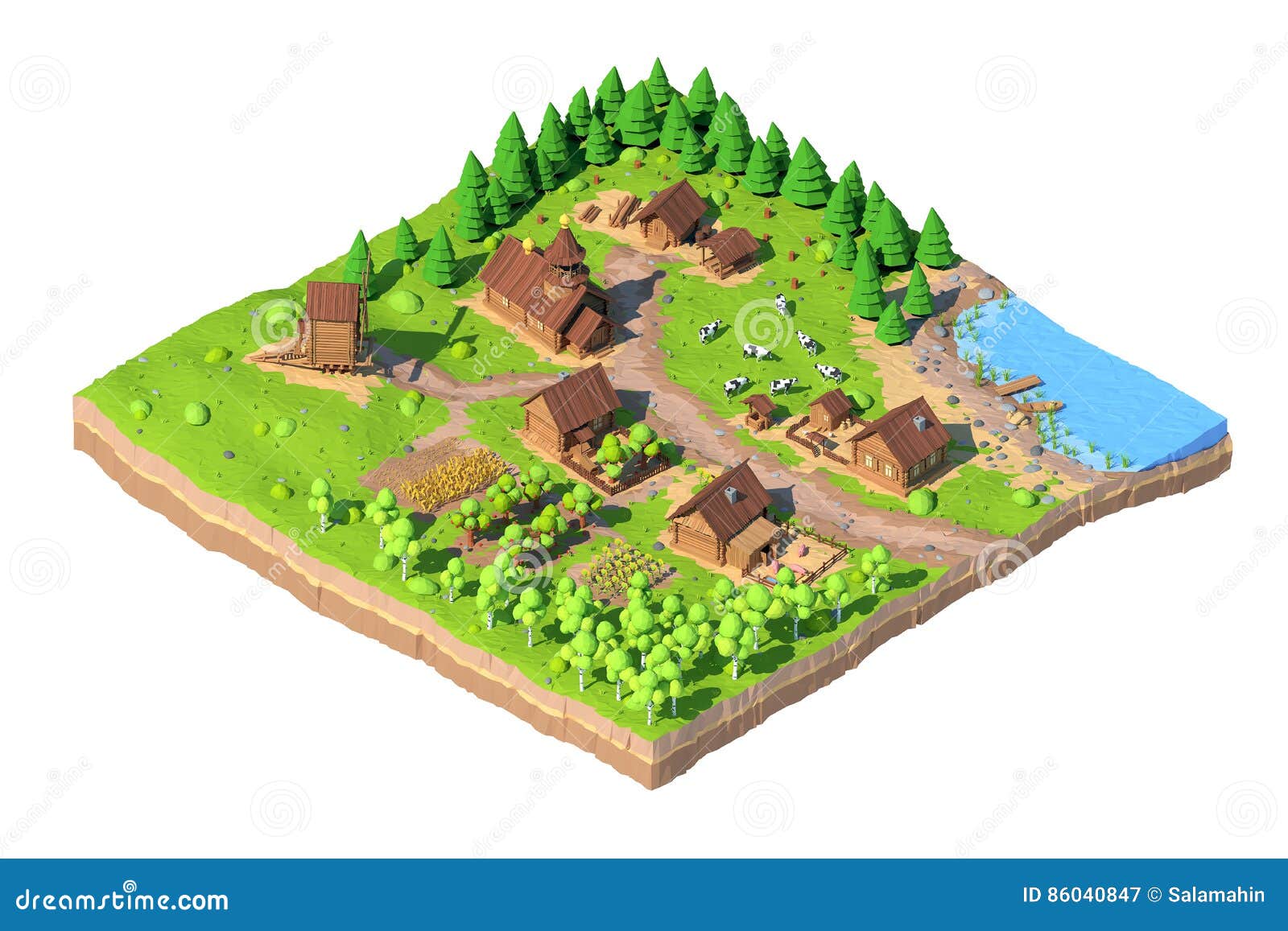 Isometric Low Poly Village, 3D Rendering, Cartoon Stock Illustration ...