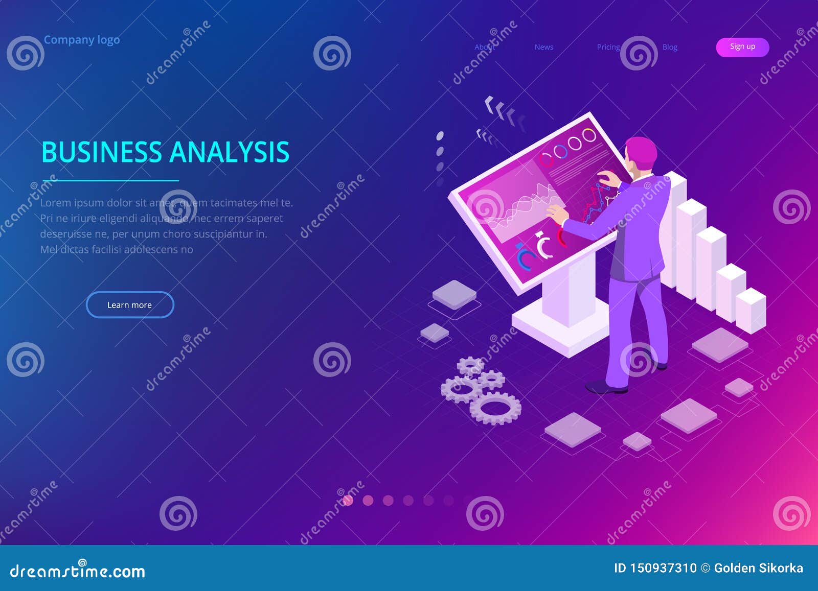Isometric Male in Front of the Big Screen for Data Analysis. Statistics ...