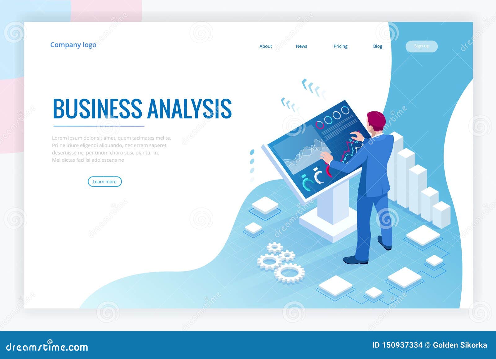 Isometric Male in Front of the Big Screen for Data Analysis. Statistics ...