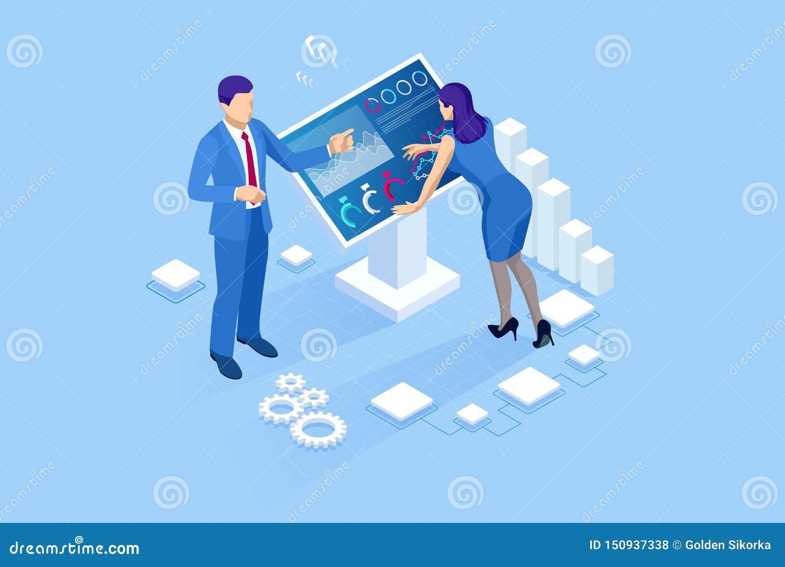 Isometric Male in Front of the Big Screen for Data Analysis. Statistics ...