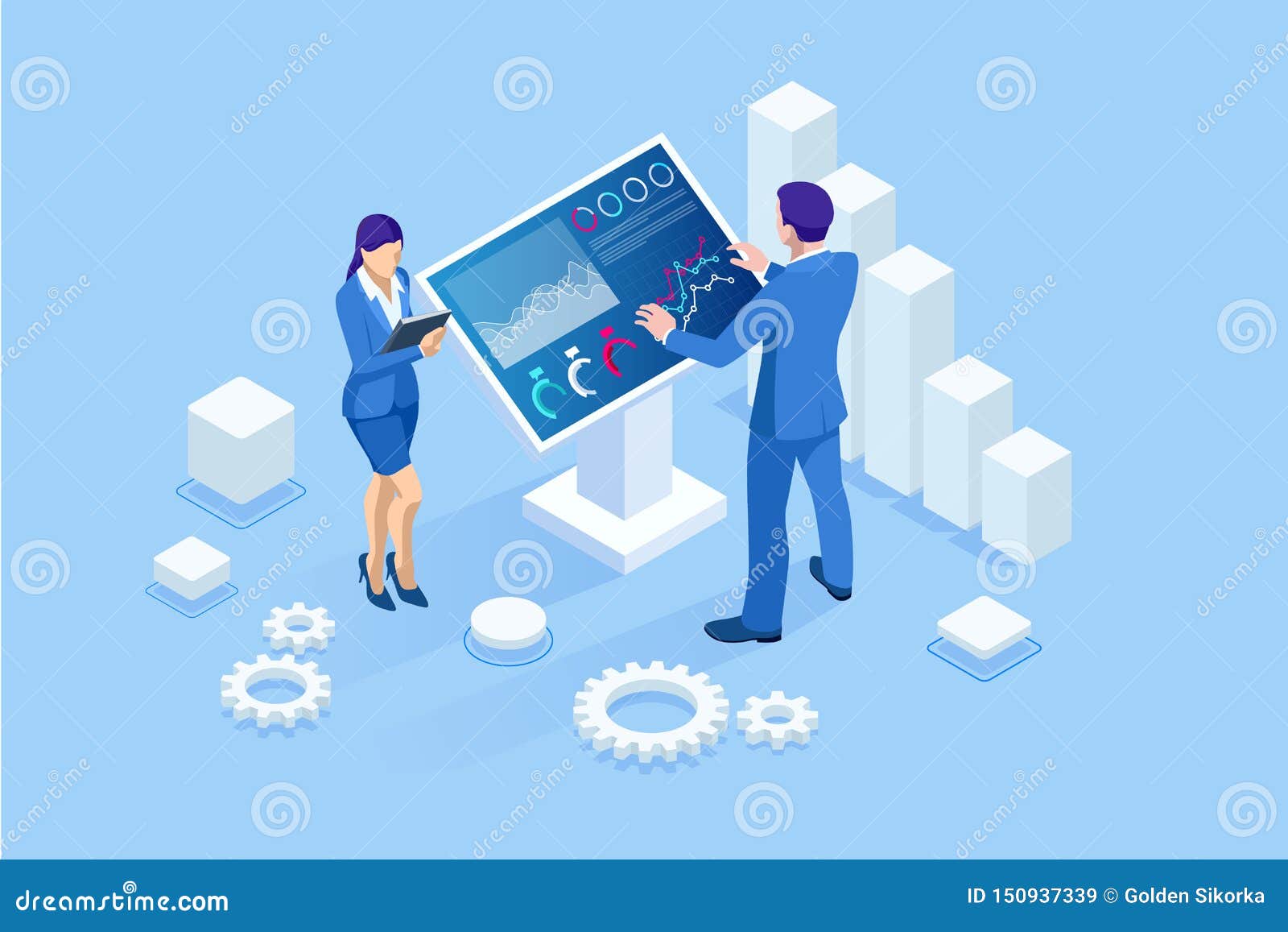 Isometric Male in Front of the Big Screen for Data Analysis. Statistics ...