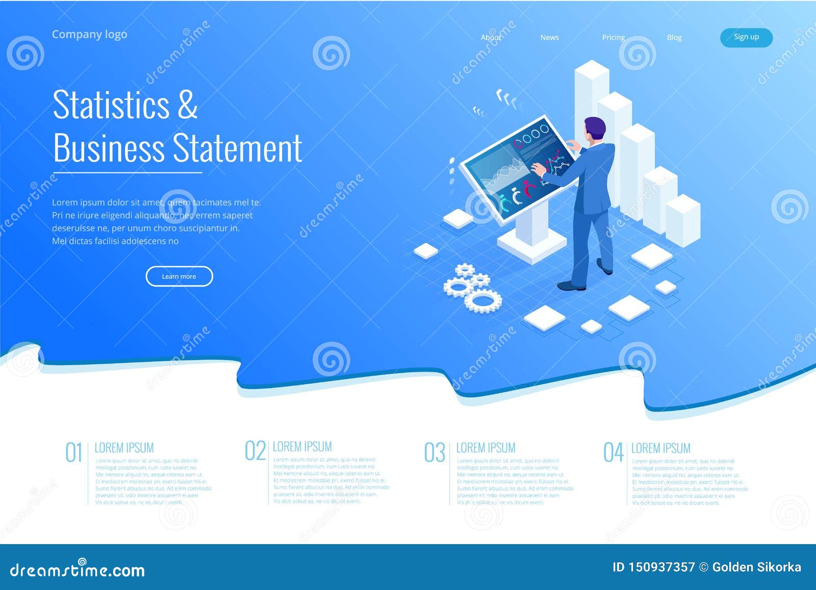 Isometric Male in Front of the Big Screen for Data Analysis. Statistics ...