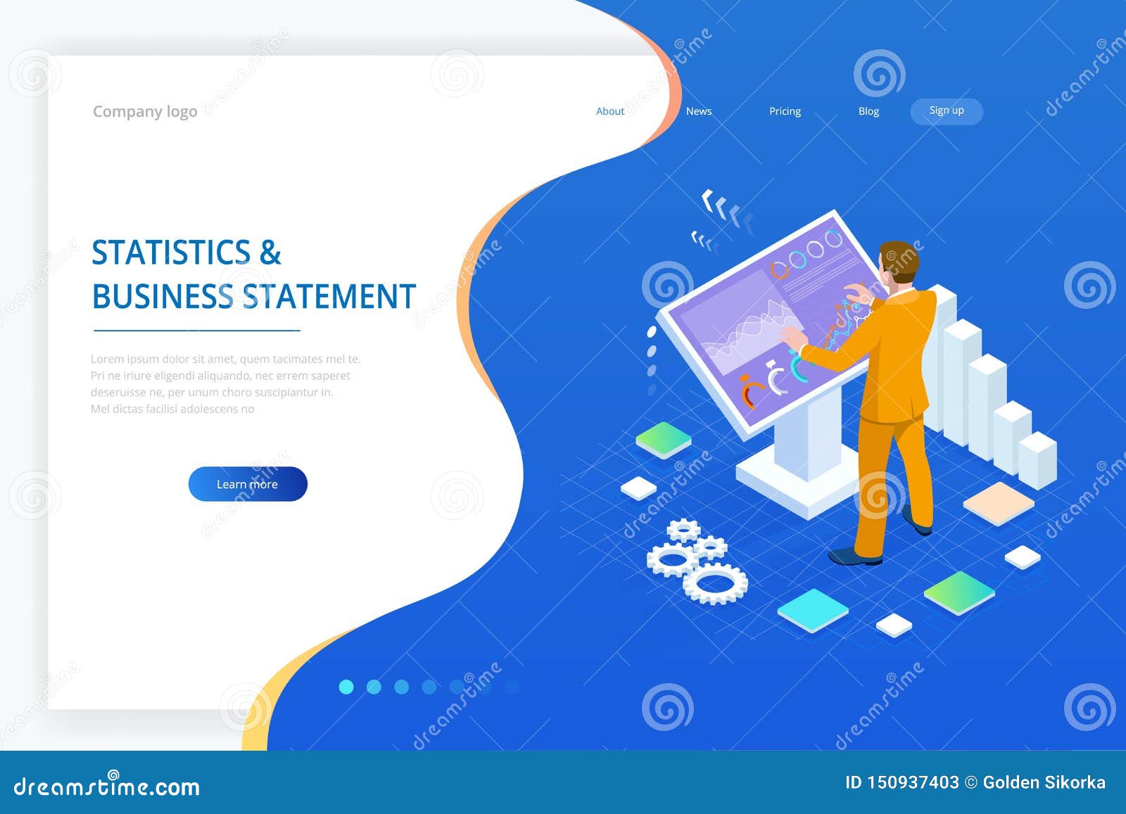 Isometric Male in Front of the Big Screen for Data Analysis. Statistics ...
