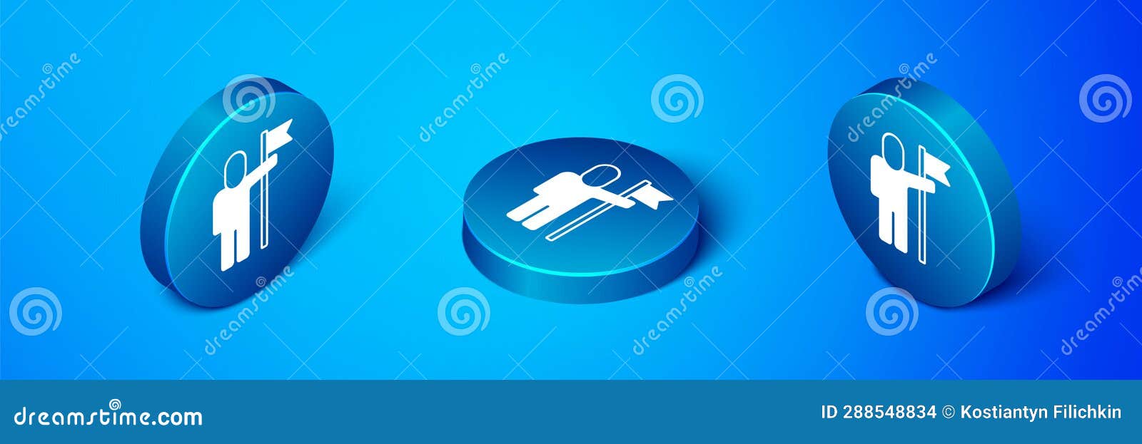 Isometric Man Holding Flag Icon Isolated on Blue Background. Victory ...