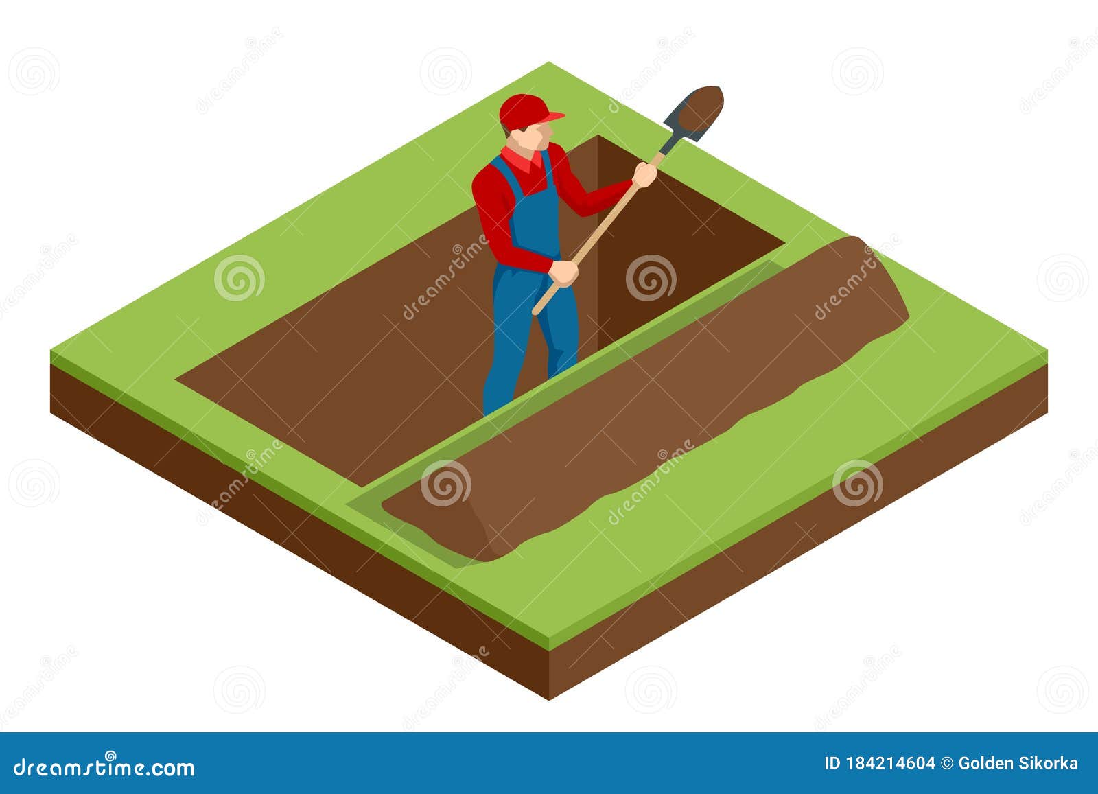 Isometric a Man in Work Clothes Digging a Hole. Construction Worker ...