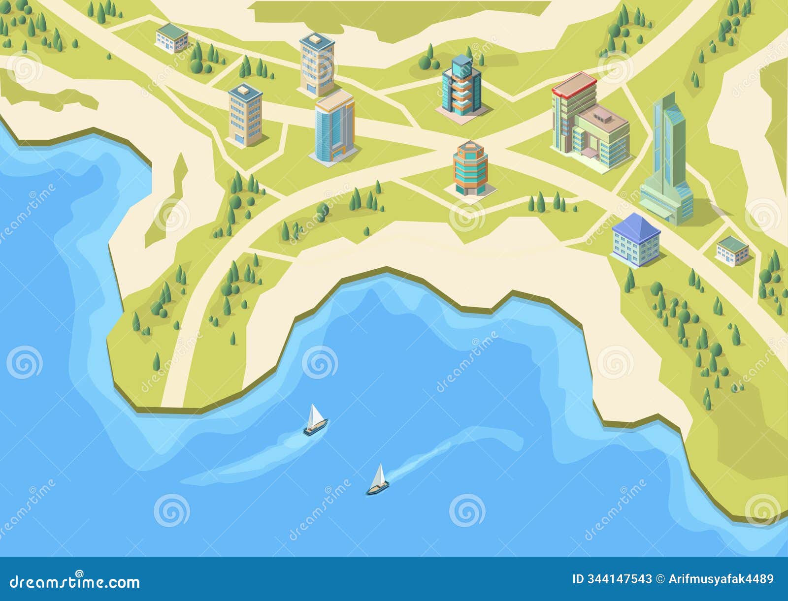 Isometric Map Of Coastal Area Cartoon Vector | CartoonDealer.com #344147543