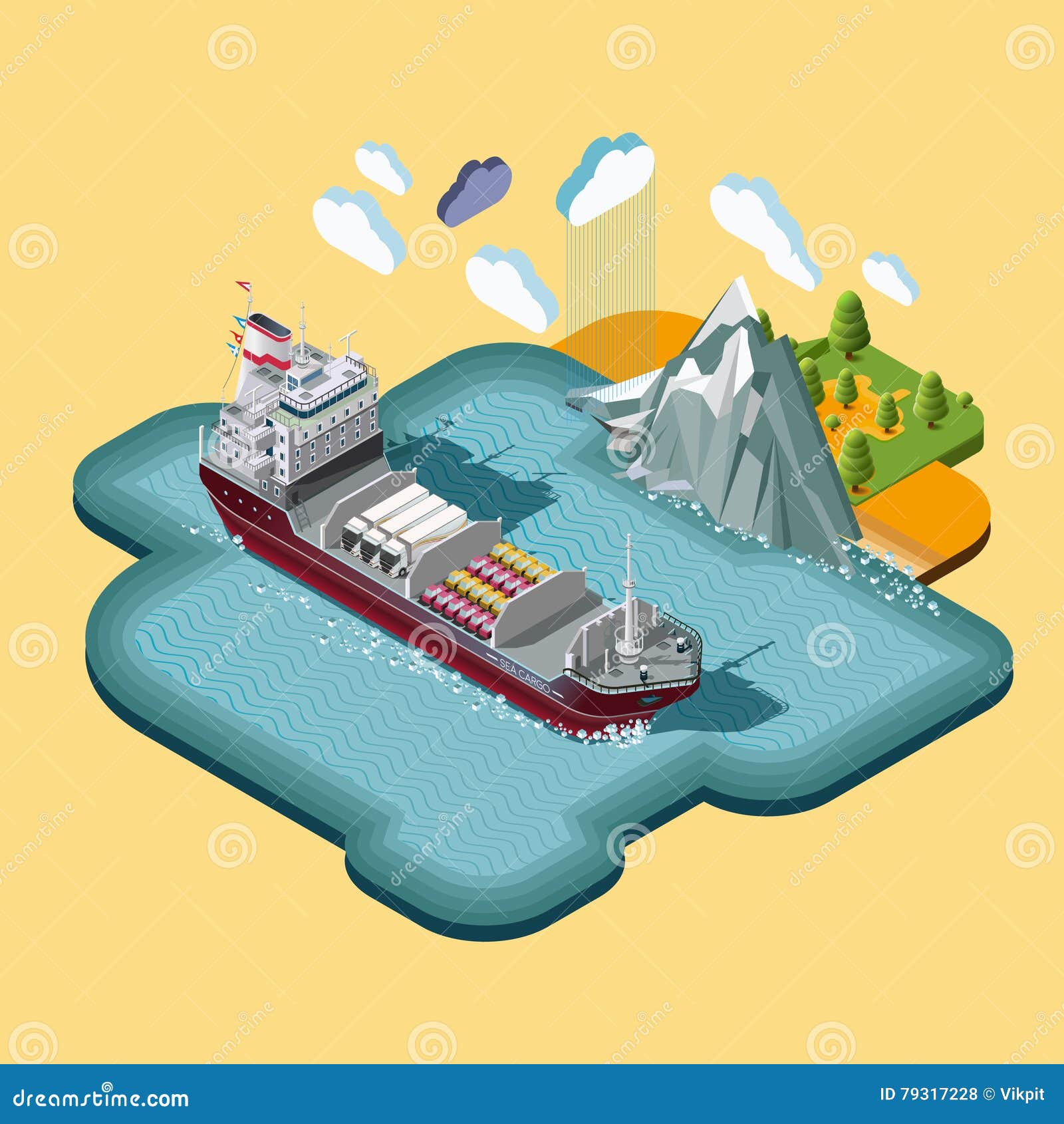 Maritime Transport. Shipping Dock With Big Sea Or Ocean Vessel And Sail ...