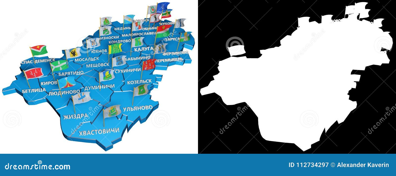 Isometric Map of Kaluga Region with Flags of Regional Centers. 3D ...