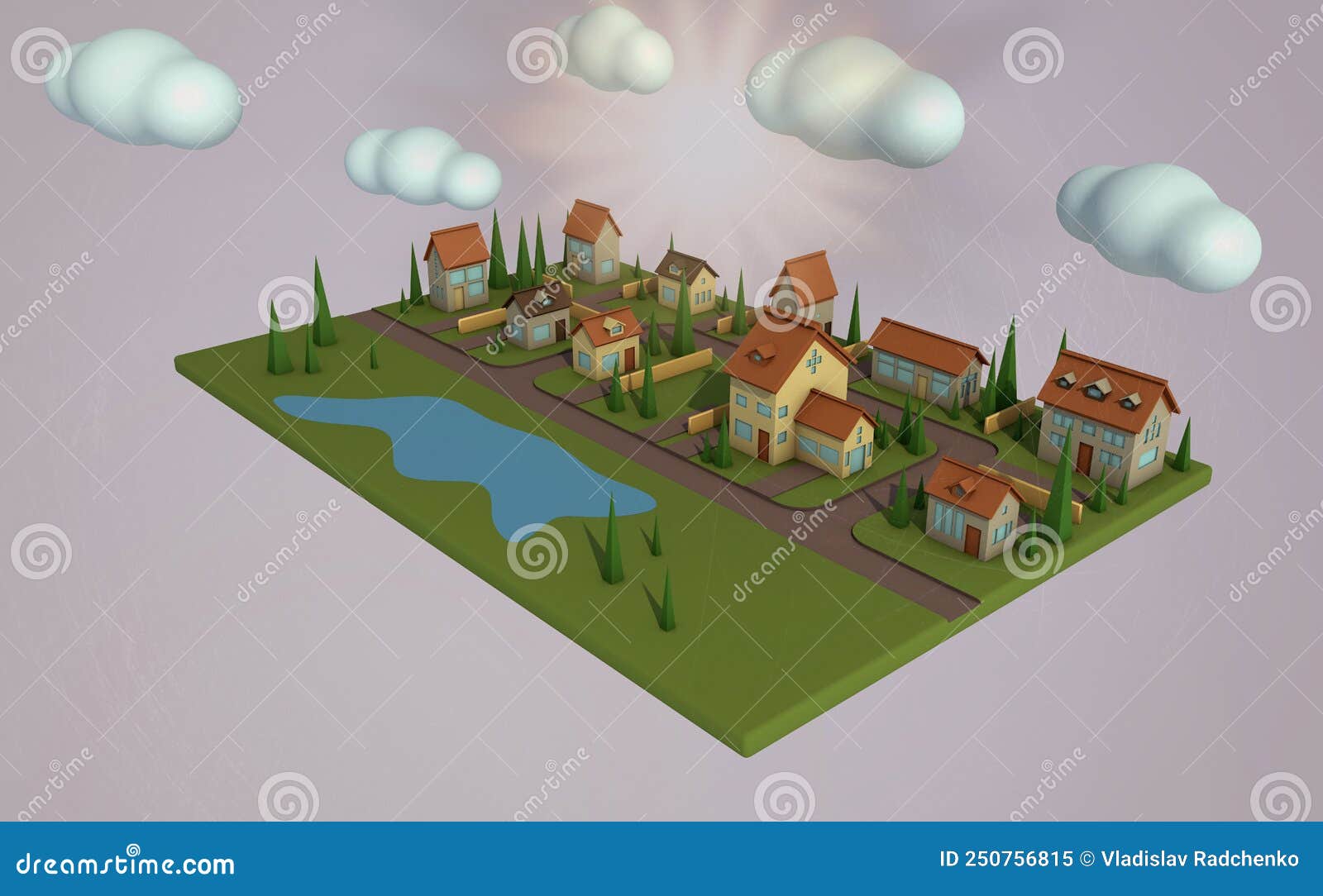 Isometric Map of the Small Town or Suburb. 3d Rendering. Low Poly ...