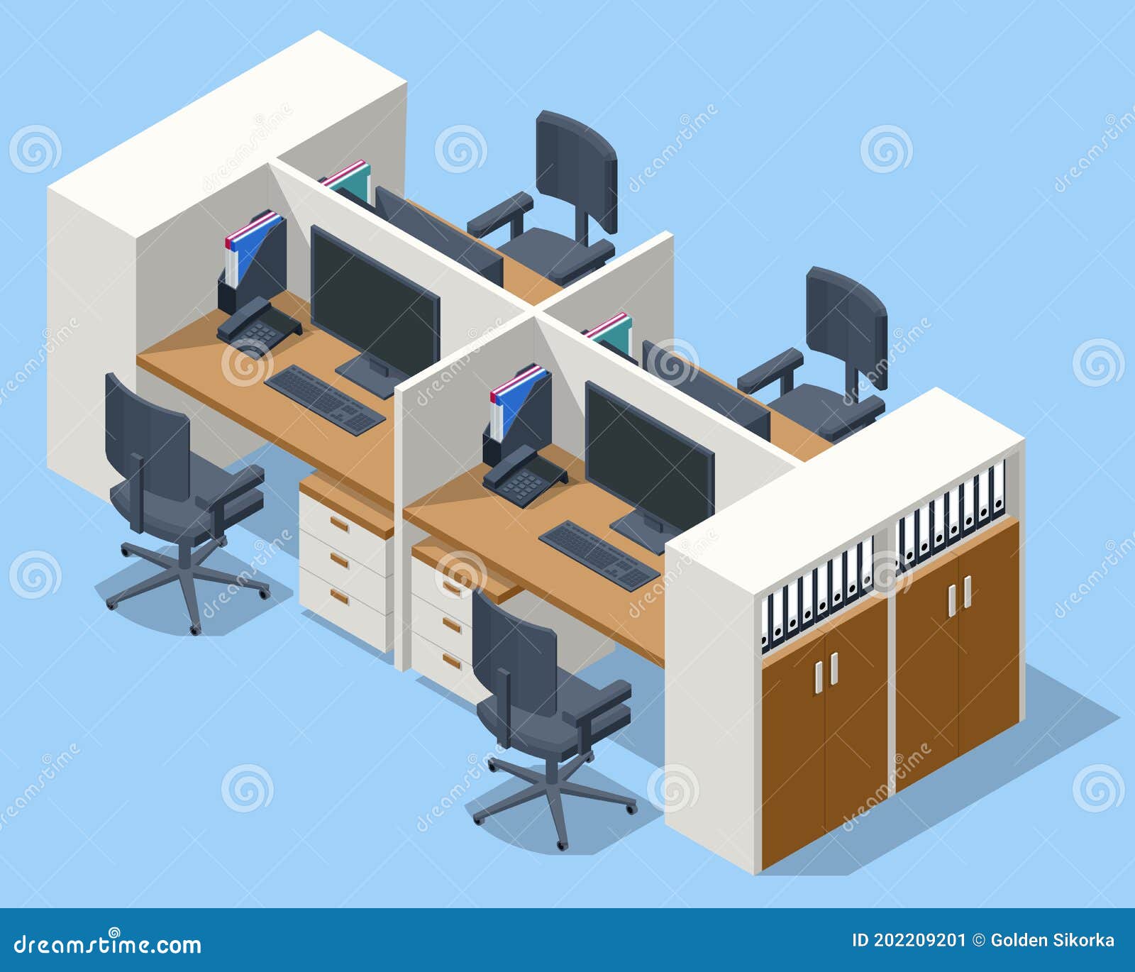 Isometric Massive Computer Table With Four Desktops And Chairs, Office ...