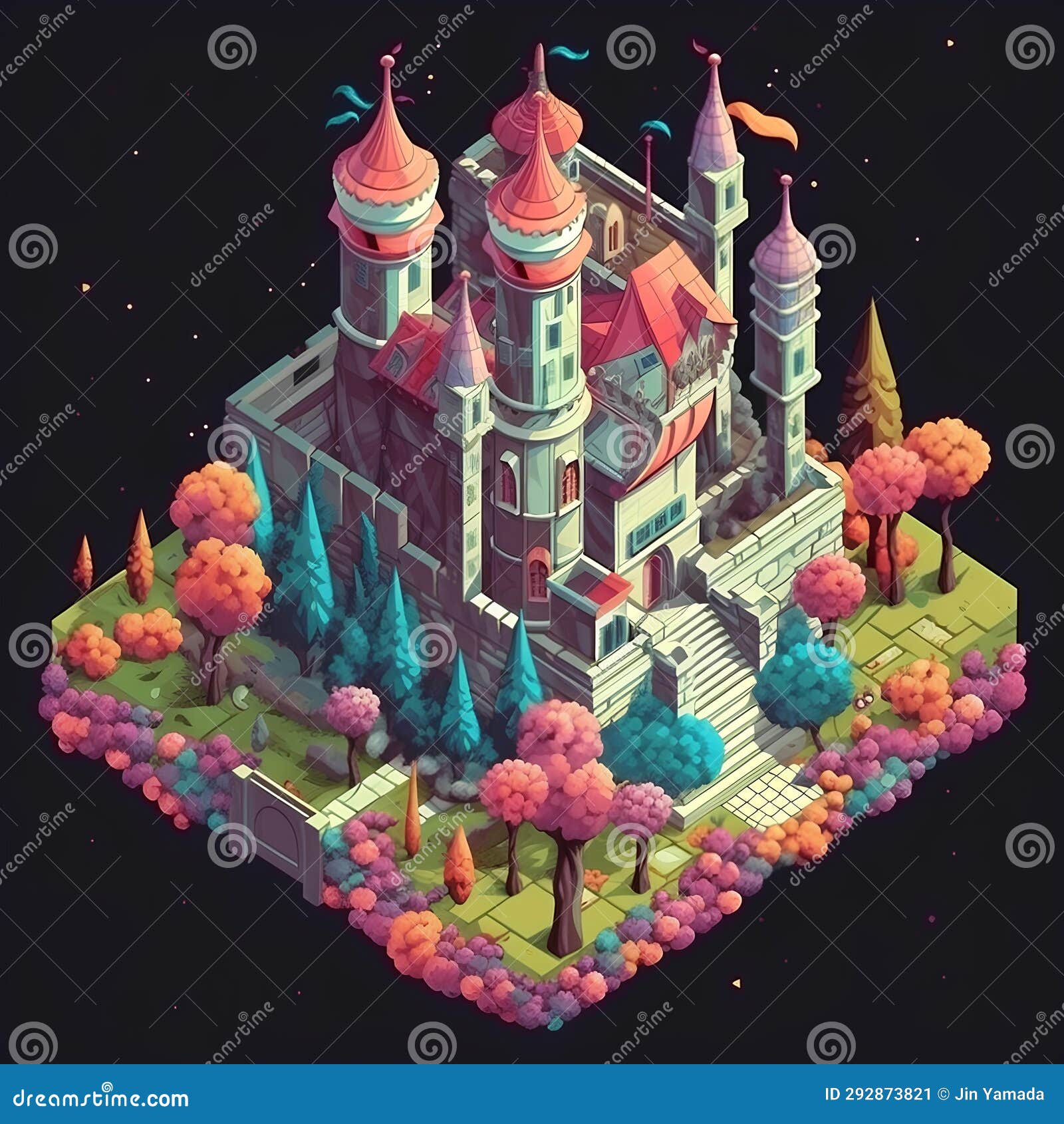 Isometric Medieval Castle in the Autumn Forest, 3d Illustration. Stock ...