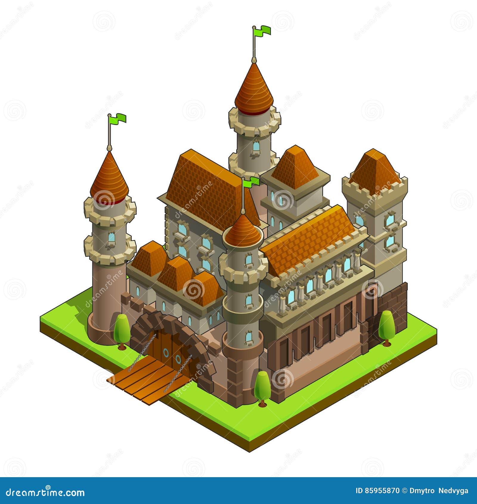 3d Isometric Medieval Castle With Open Gate And Ditch. Royalty-Free ...