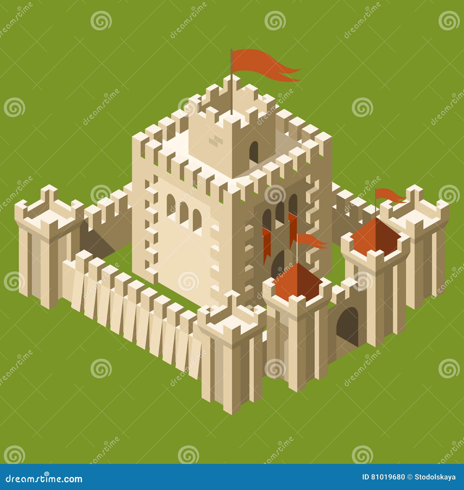 Isometric Medieval Castle with Towers Stock Vector - Illustration of ...